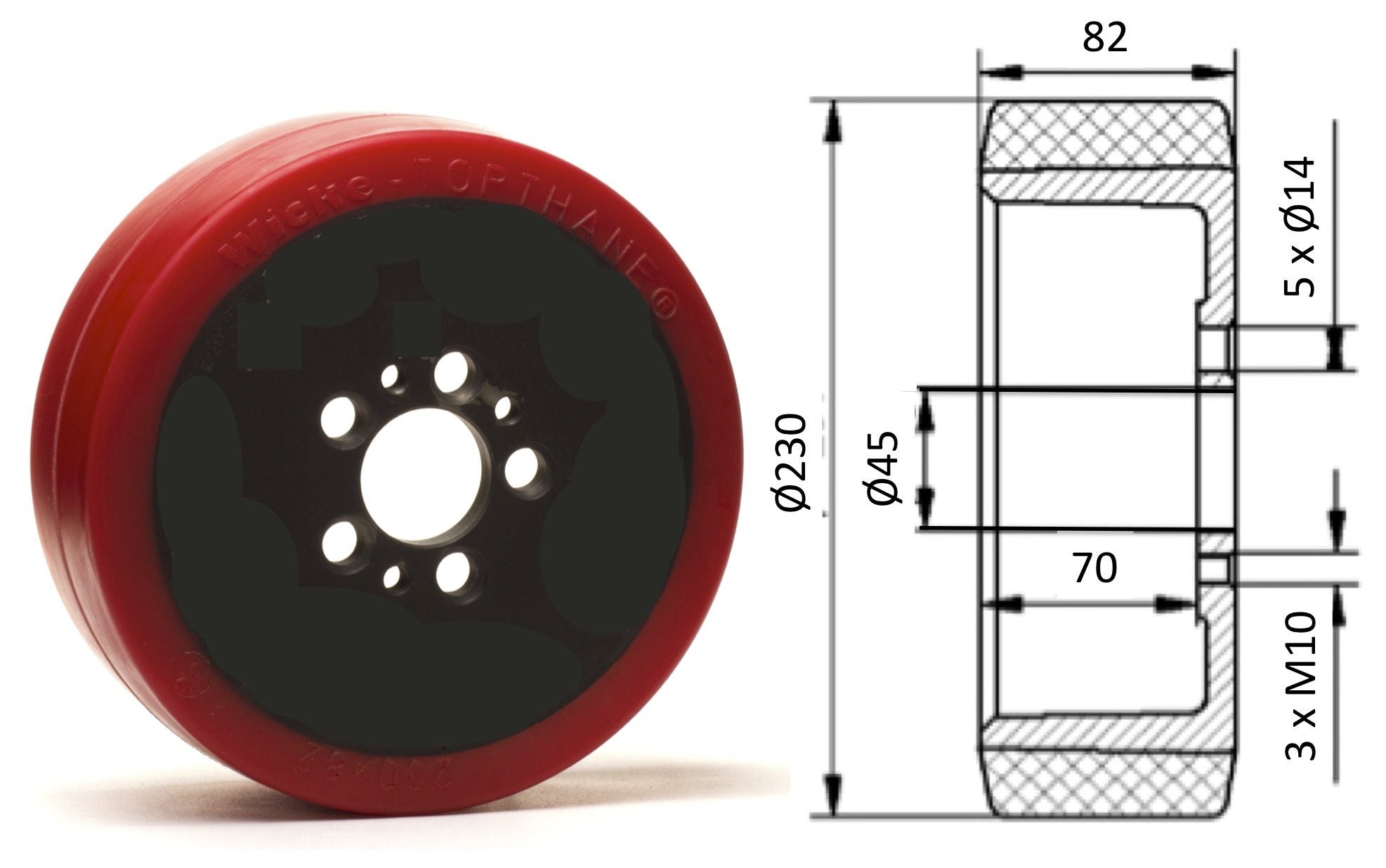 Roue motrice 230 x 82 - 5 trous REDTHANE®. ( Jungheinrich 63215600 - R ...