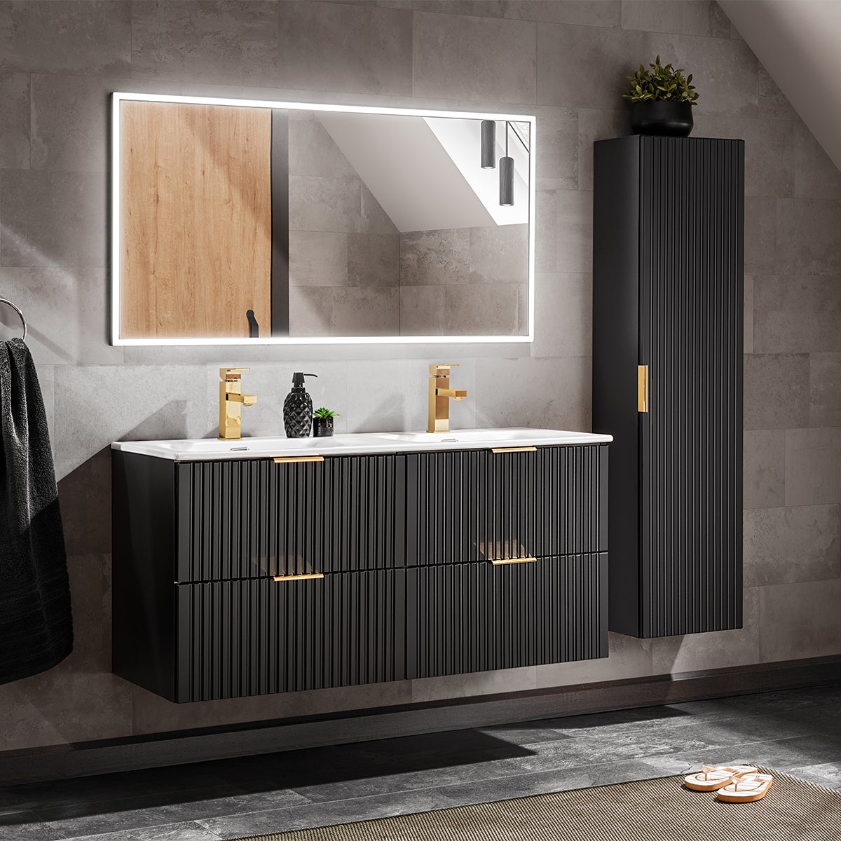 Ensemble meuble double vasque encastrée 120cm et colonne Adriel Noir ...