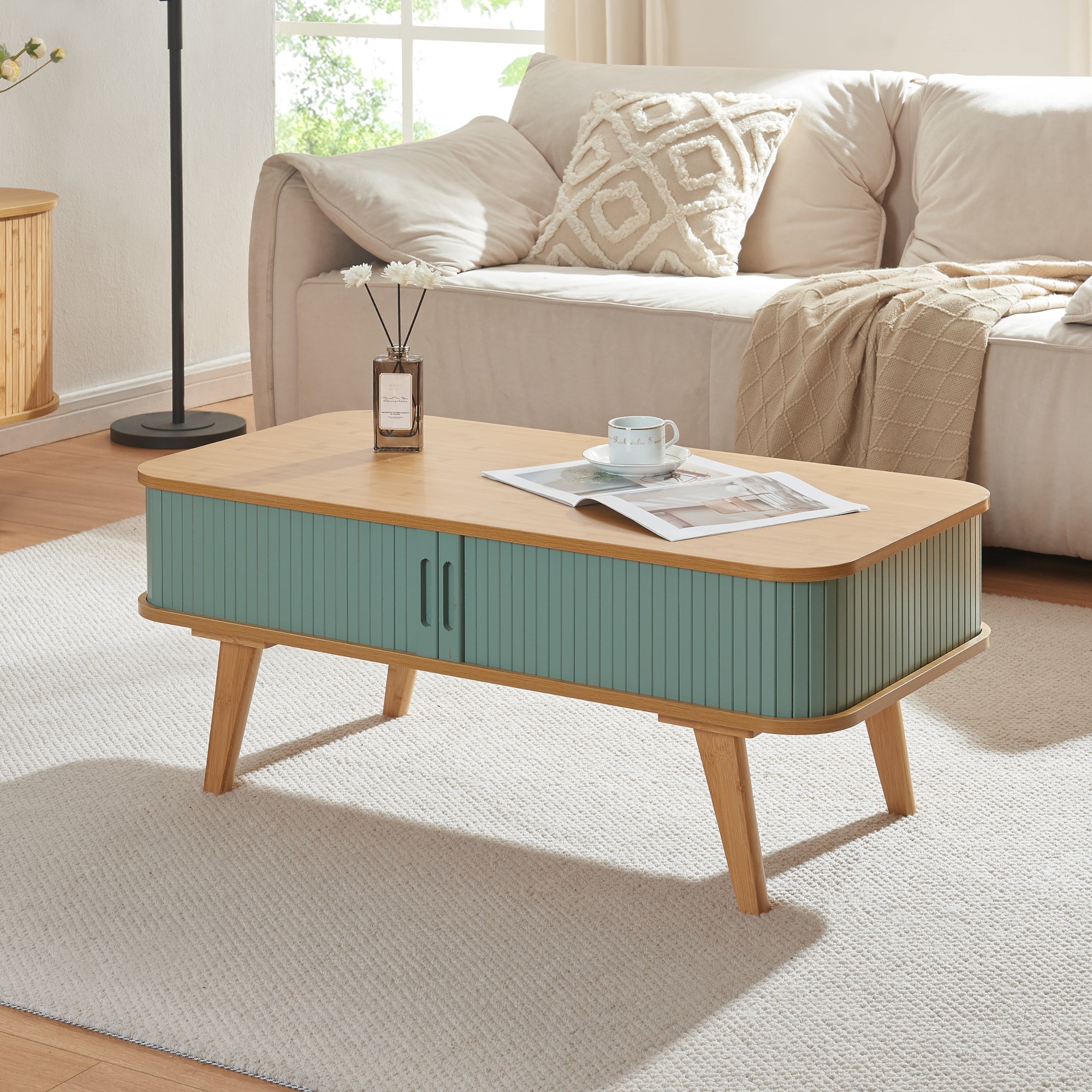 Mesa de centro Tysvær con puertas bambú 100x50x40cm - Natural/Azul [en ...