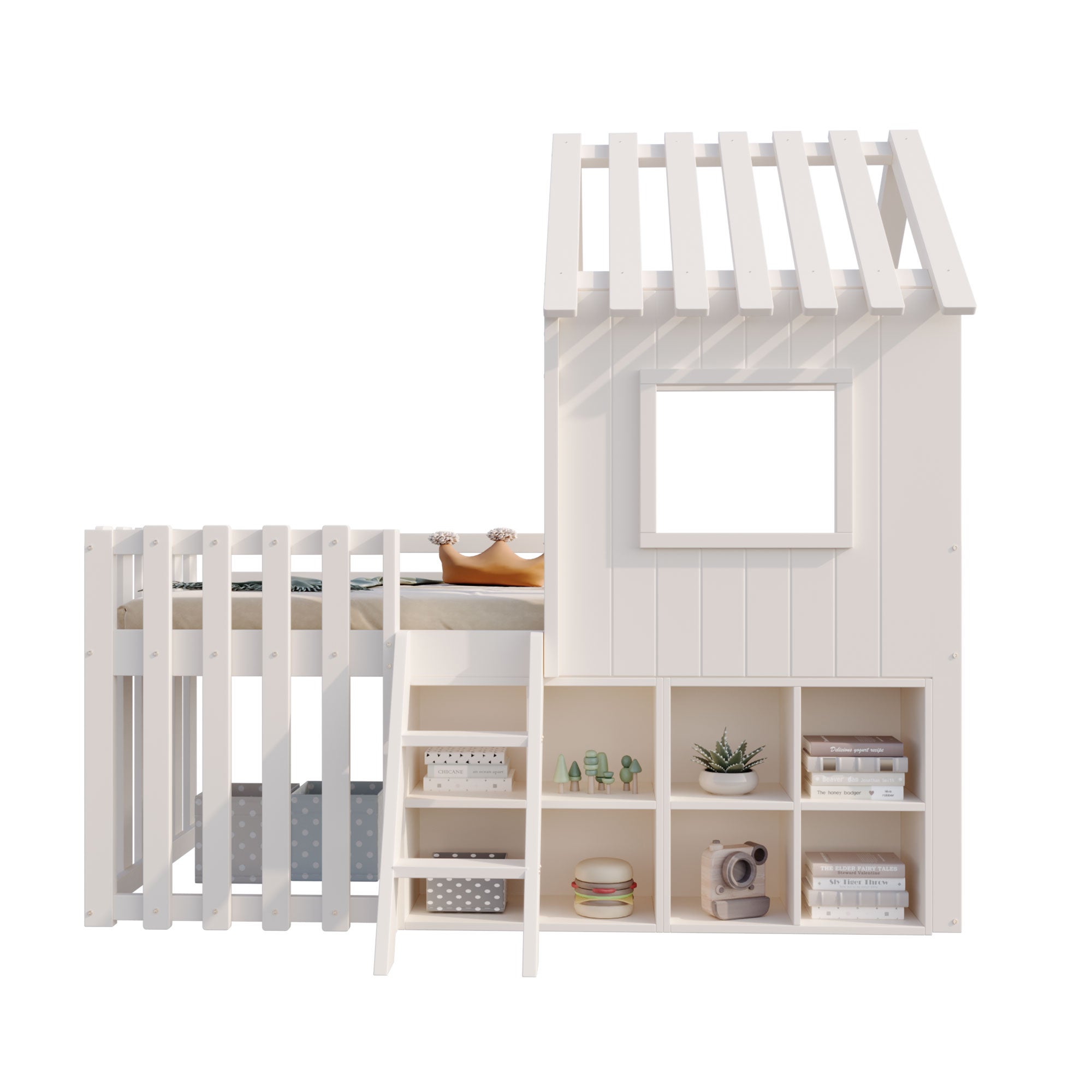 Lit cabane enfant 90 x 200 cm, avec toit, fenêtre, rangement ouvert et ...