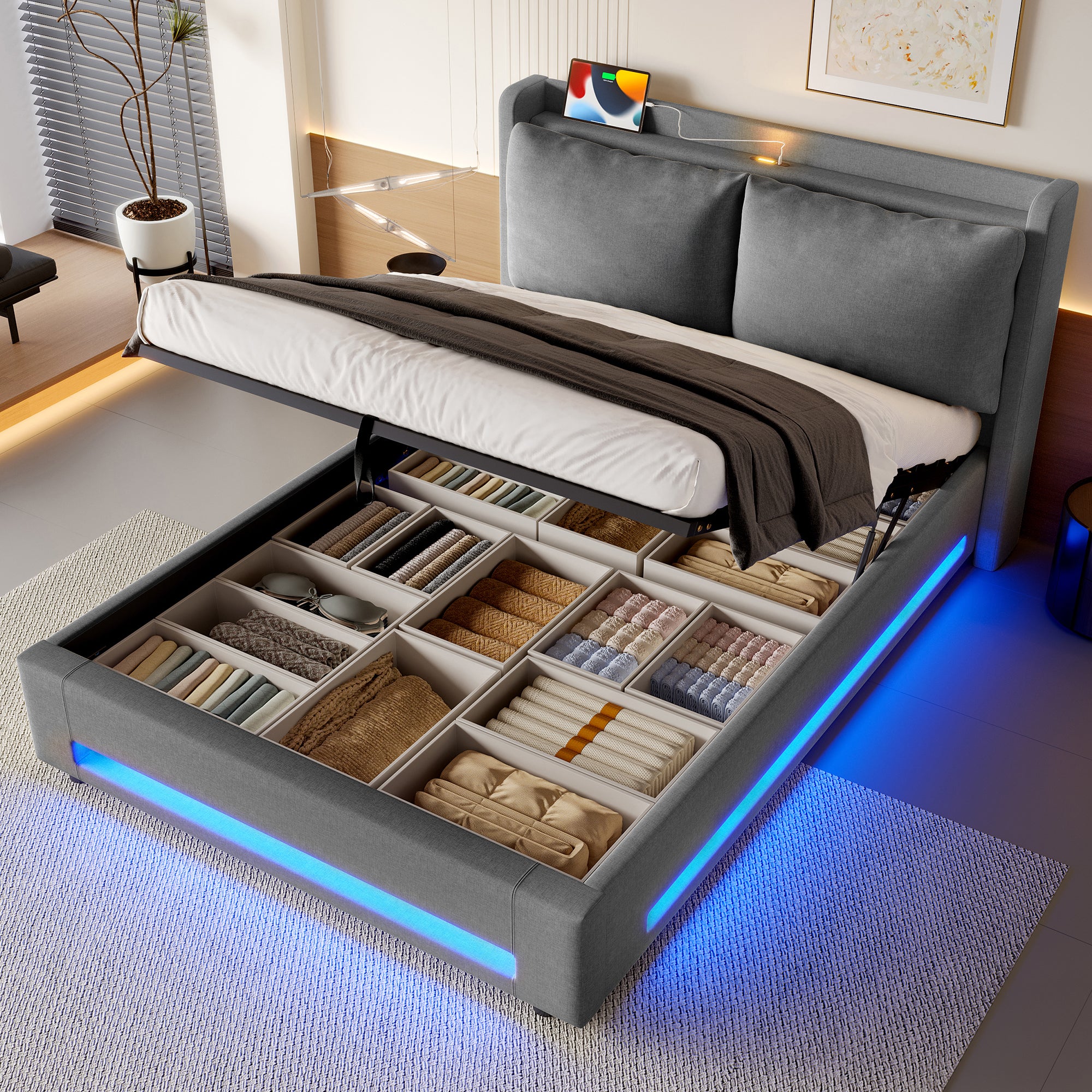 Lit Coffre Double 140x200 cm - Lit Moderne avec Rangement, LED, USB-C ...