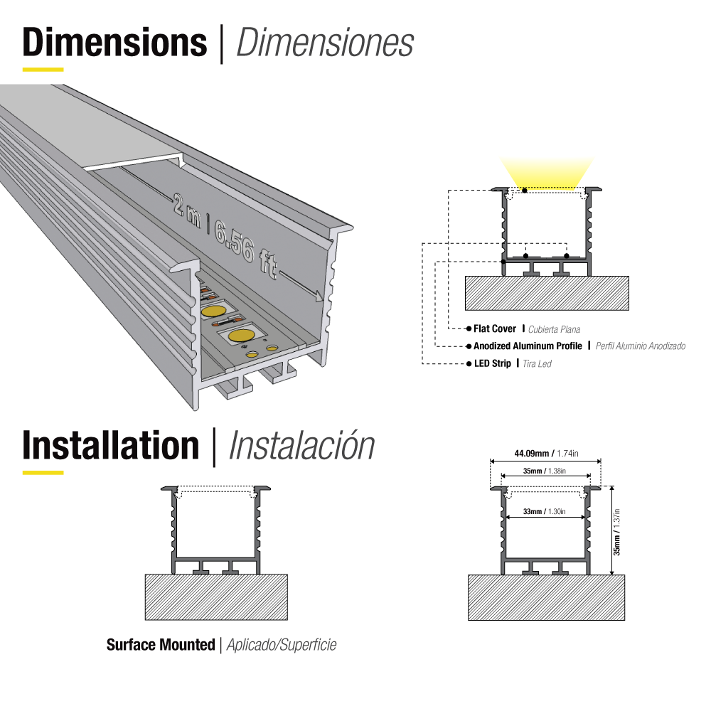 Pack x 2und de Perfil de aluminio LED LINEAR Blanco Para tira LED ...