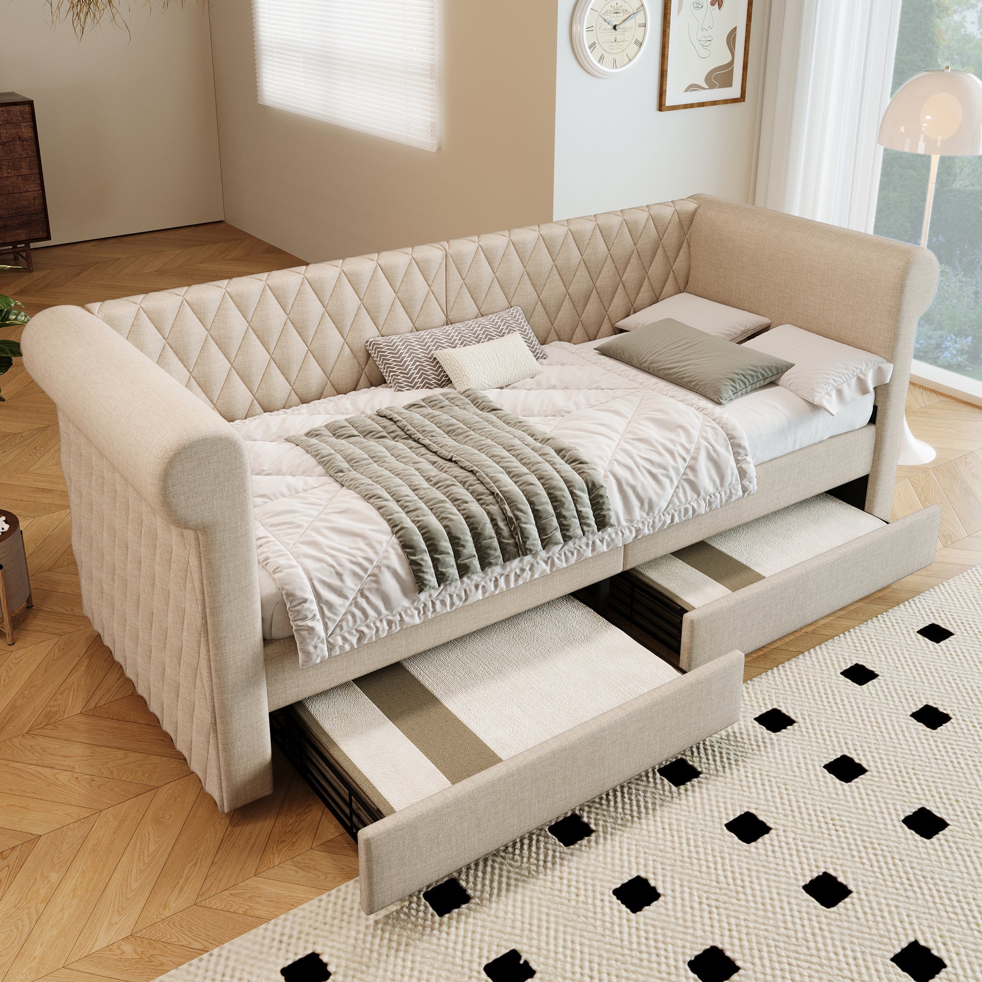 Lit banquette avec 2 tiroirs en tissu lin - 90x200cm - avec sommier à ...