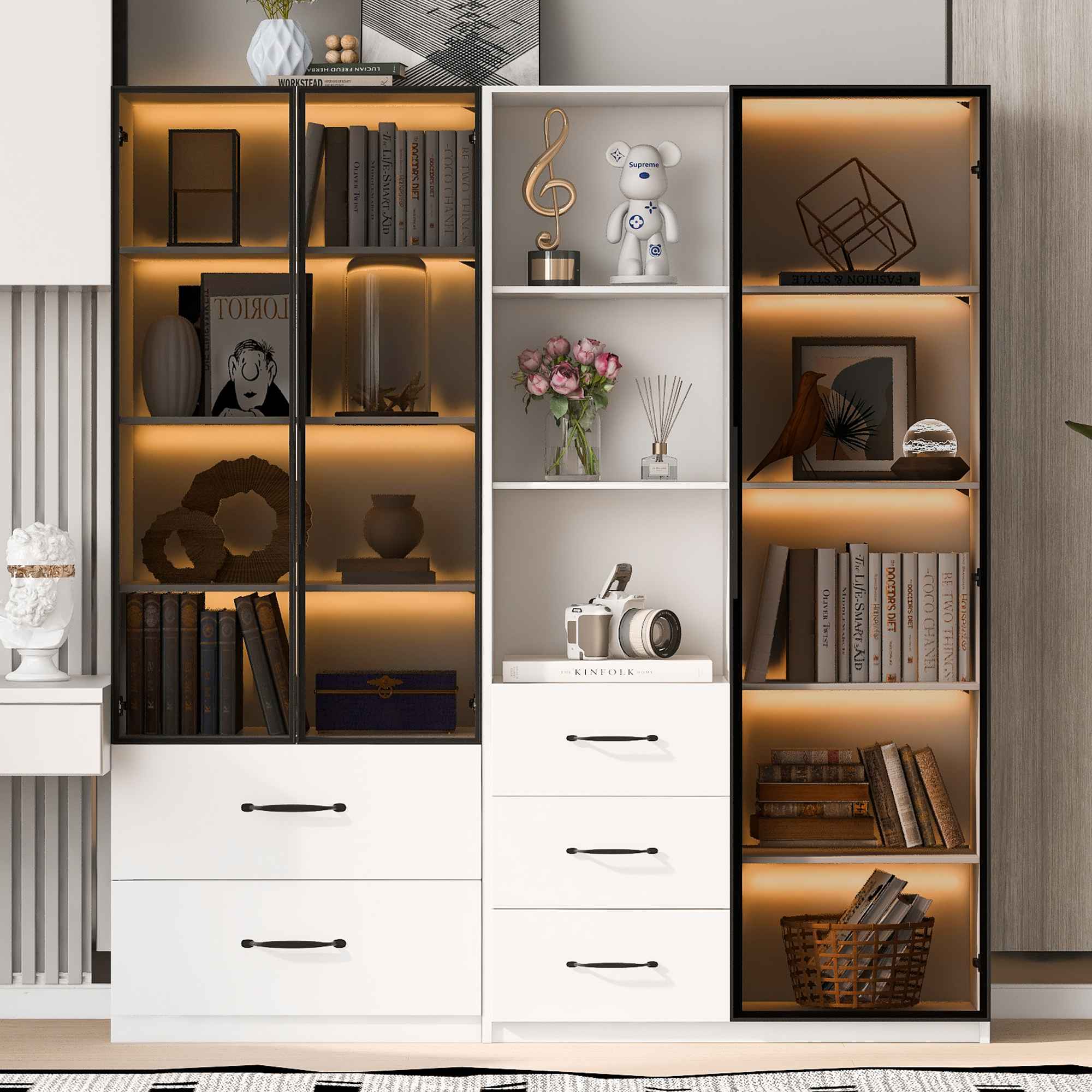 Vitrina LED 140x40x160 cm con vidrio templado, iluminación multicolor ...