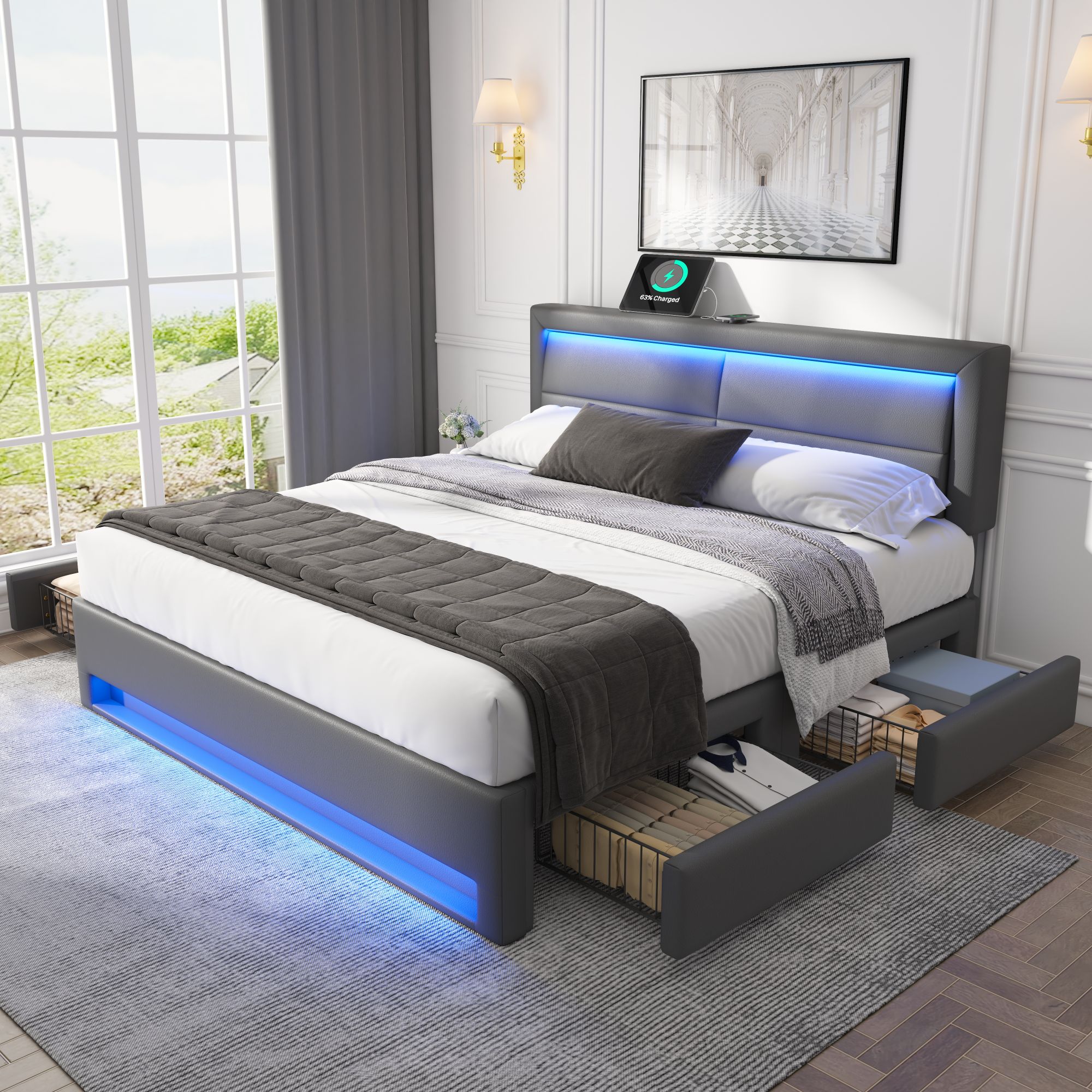 Lit Double 140x200 cm avec Rangement , Lit Capitonné PU avec Ports USB ...