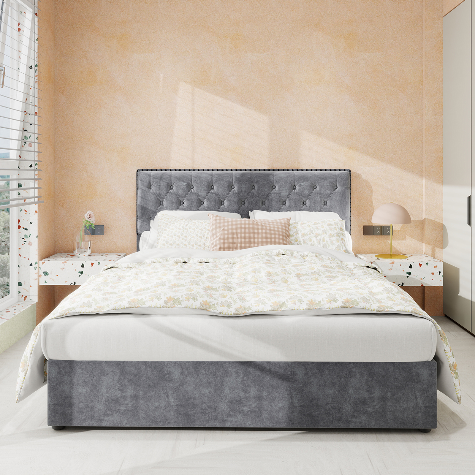 Cama moderna minimalista 160x200 cm gris, cabecero suave, marco alto ...