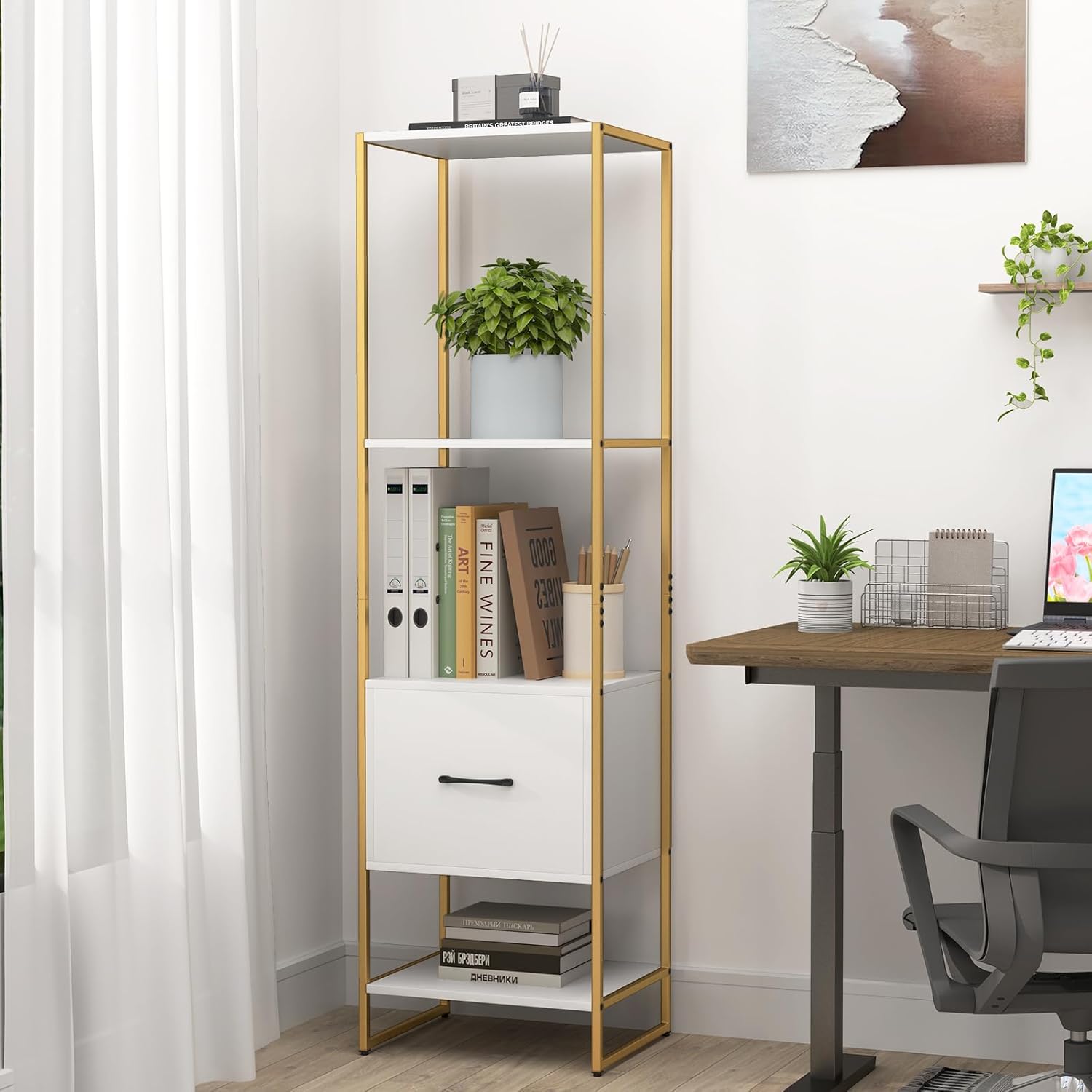 Bibliothèque à 5 Niveaux avec Tiroir, Haute et Étroite avec Étagères, Cadre en Métal et Kits ...