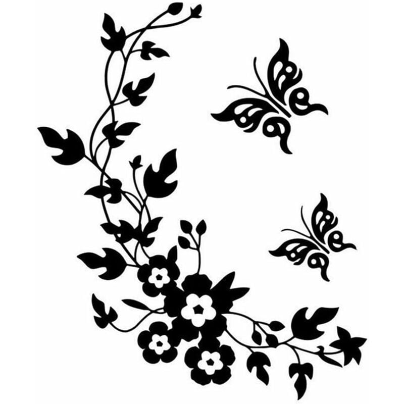 Mur Art Stickers Amovible Vinyle Noir Fleur Papillon Stickers Muraux ...