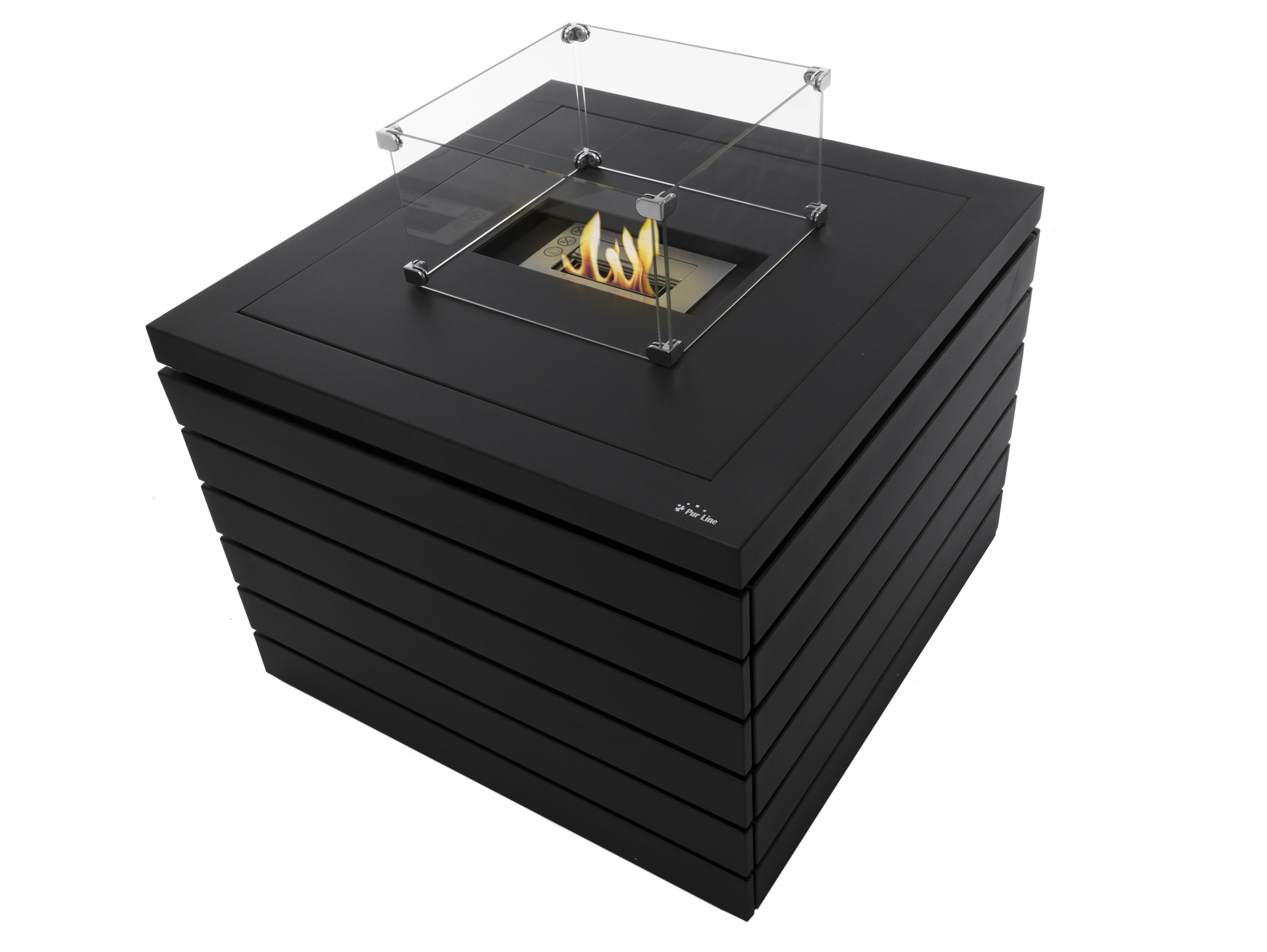 Cheminée à l'éthanol avec table carrée noire design et brûleur central ...