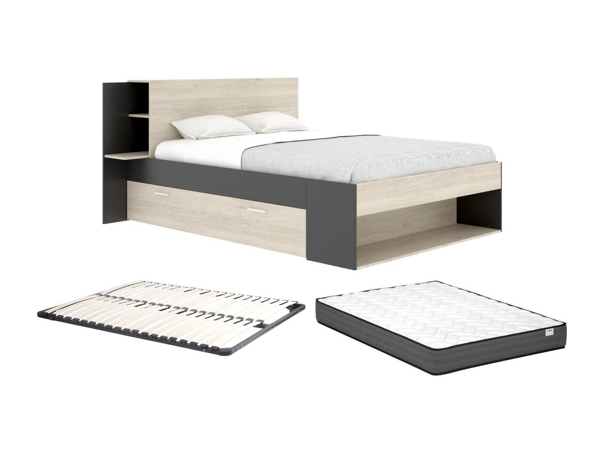 Lit 140 x 190 cm avec rangements - Coloris : Naturel et noir + Sommier ...