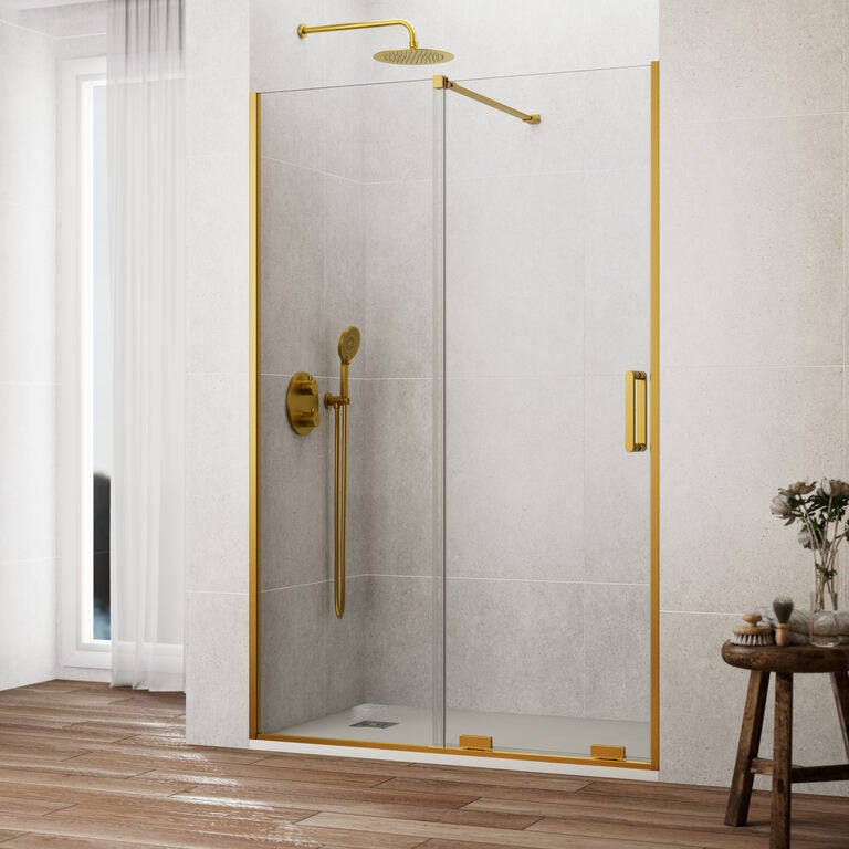 Paroi de douche KENNA Fixe + Coulissante 95-100 cm Or - Anticalcaire ...