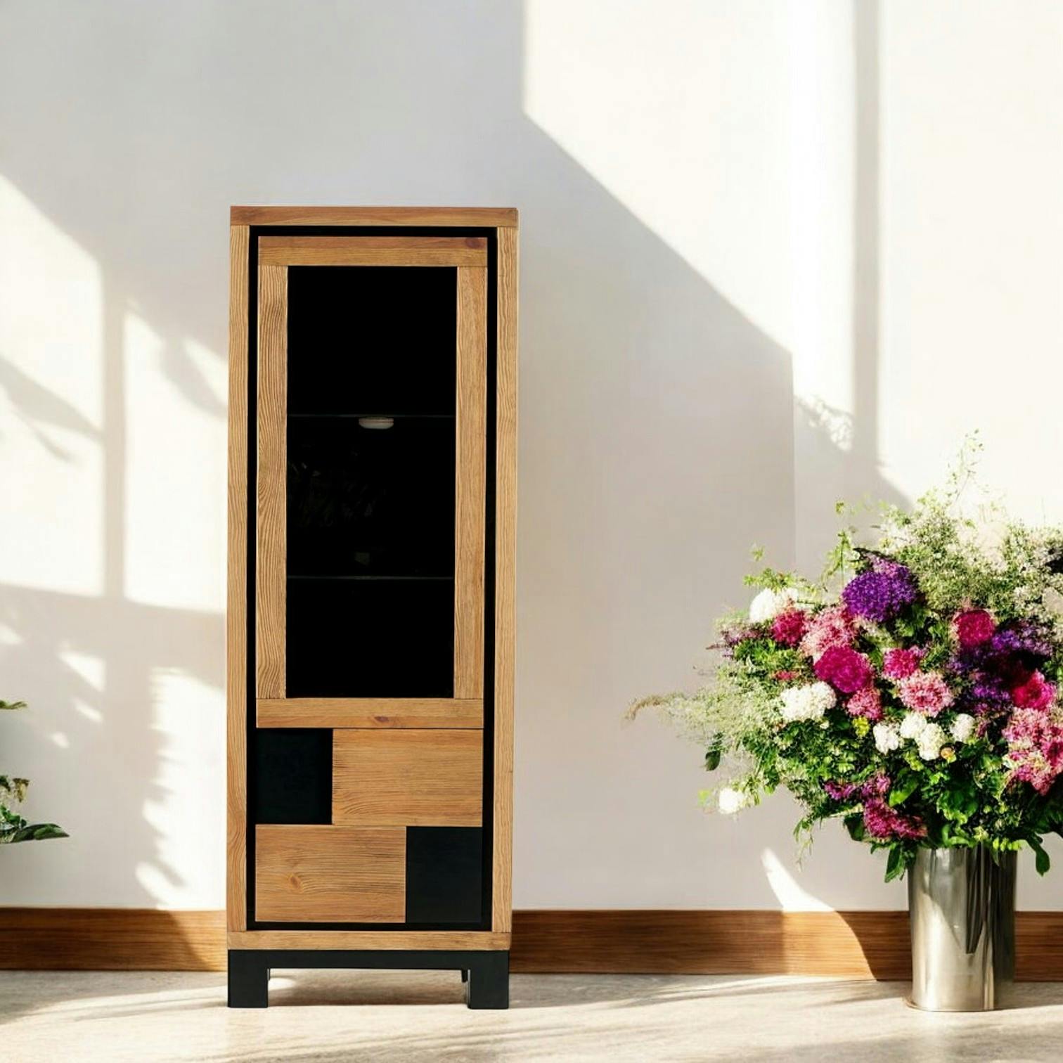 Colonne de rangement pin brossé carrés noirs 1 porte vitrée ARAD ...