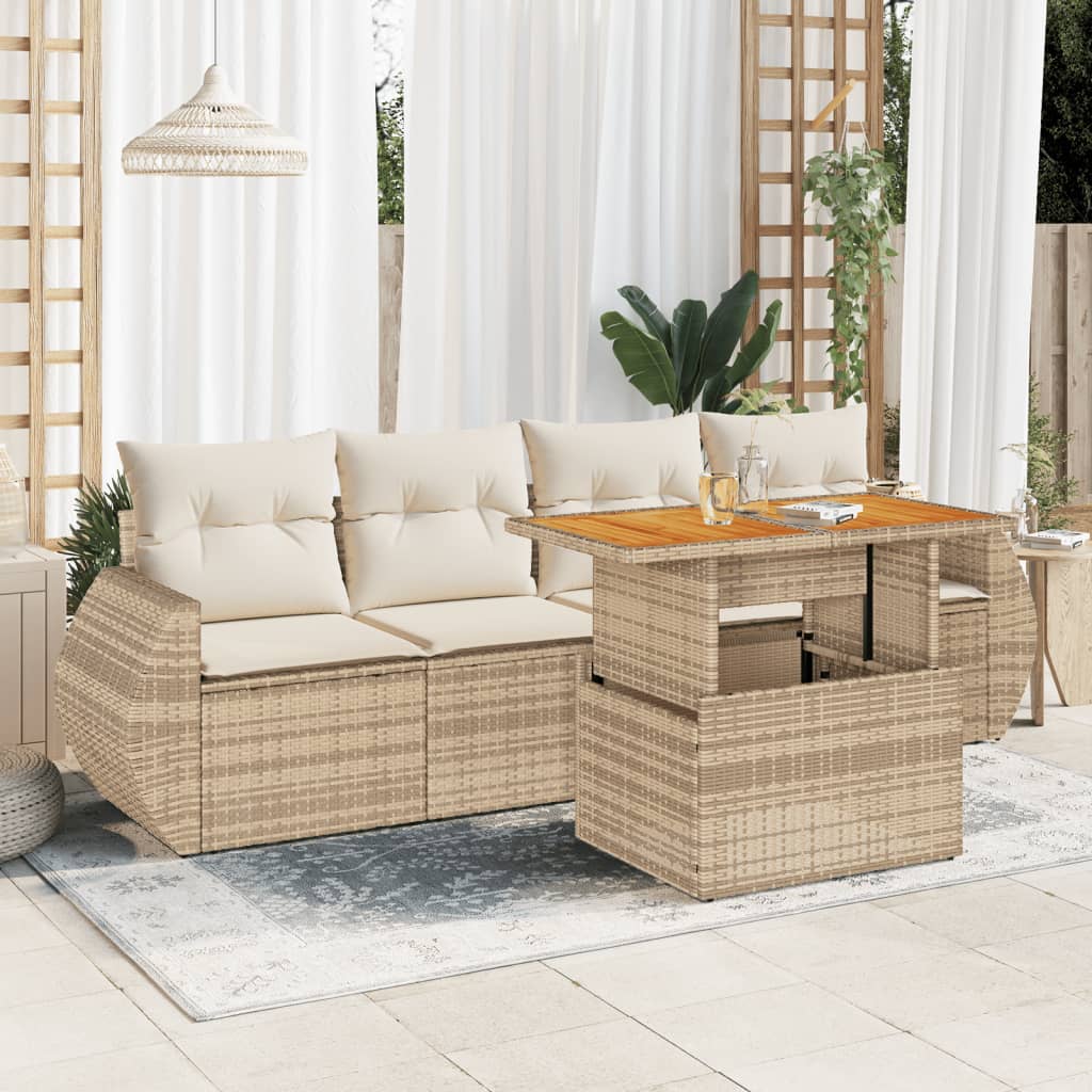 Muebles de jardín con cojines 5 piezas resina tejida beige | Leroy Merlin