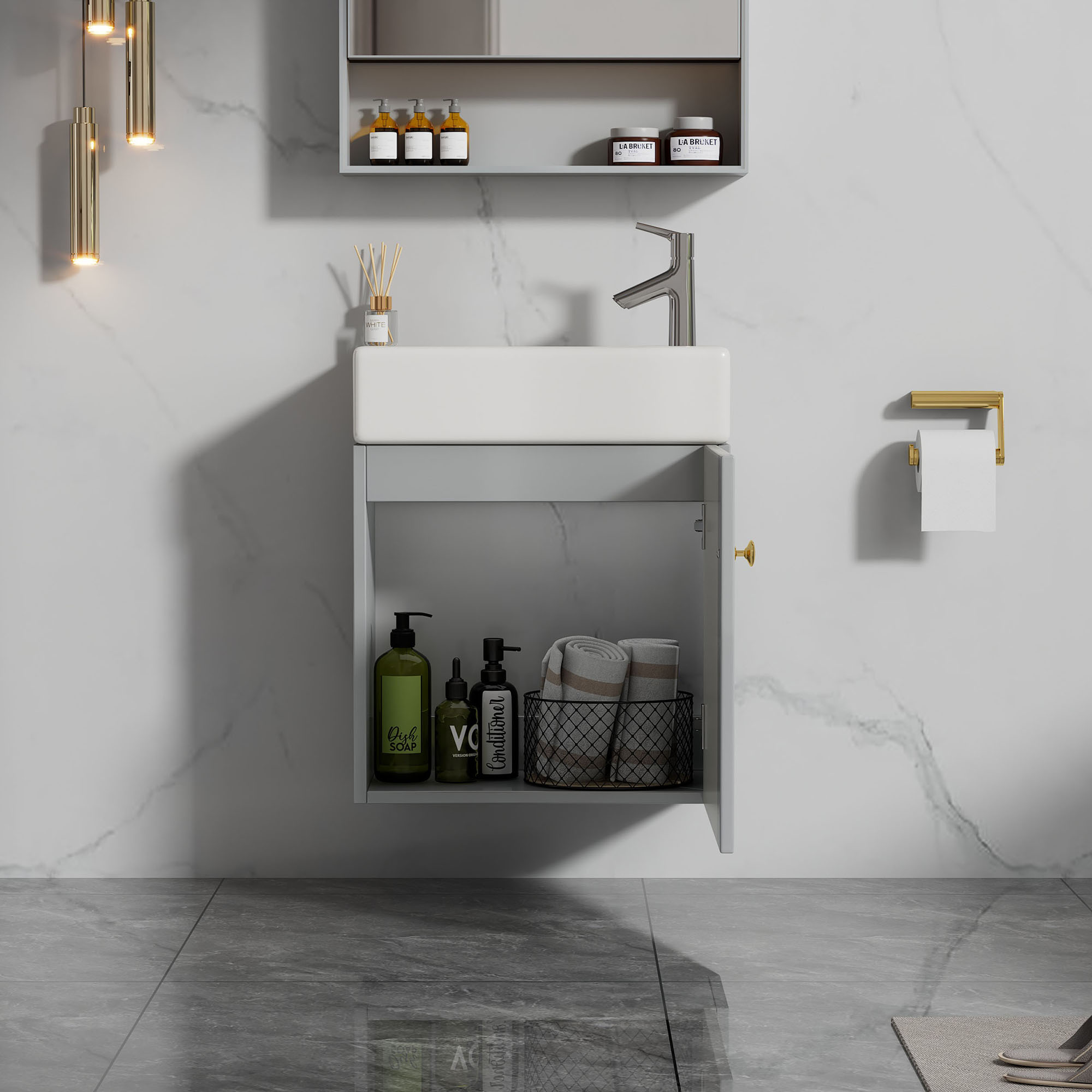 Mueble de baño de un seno, mueble base con lavabo de cerámica - 46 x 26 x 56 cm - Madera MDF ...