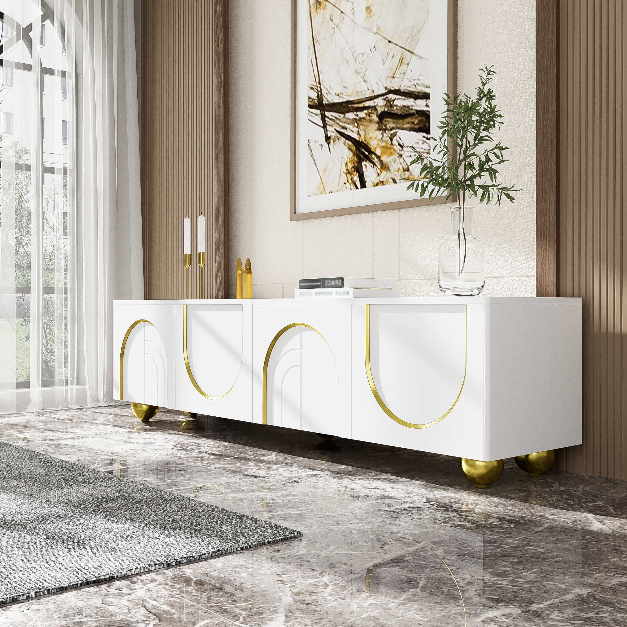 Meuble TV 170x38x44 cm, 4 portes sculptées, charnières amorties, pieds ...