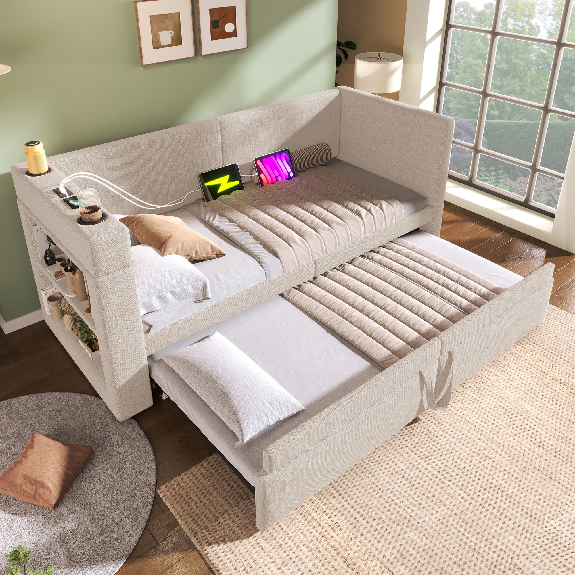 Cama nido extensible 90x200 cm con USB, Type-C, somier de listones ...