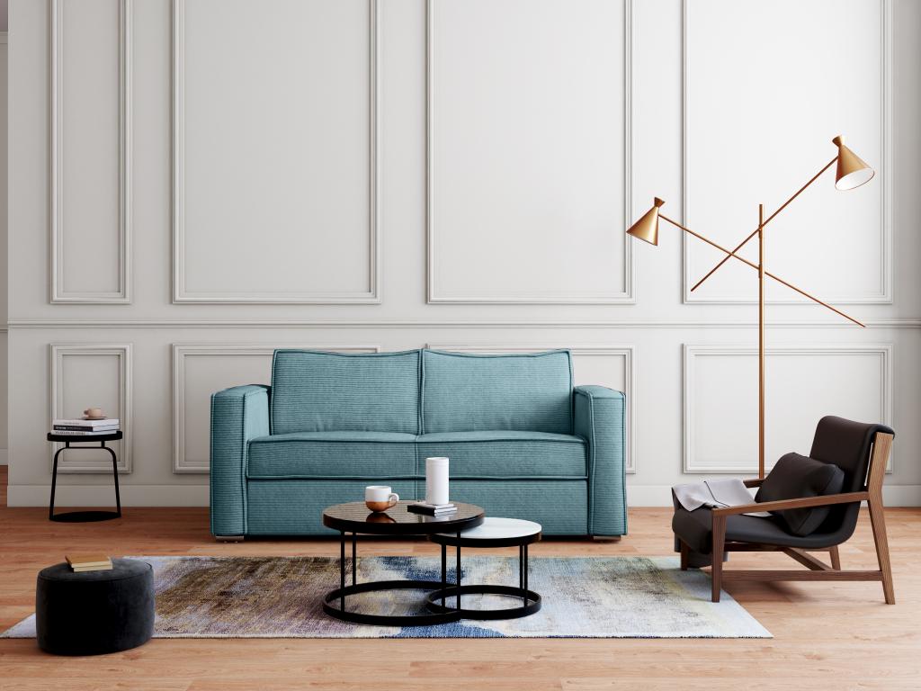 Sofá cama de 3 plazas con apertura italiana de pana azul turquesa - Cama de 140 cm - Colchón con ...