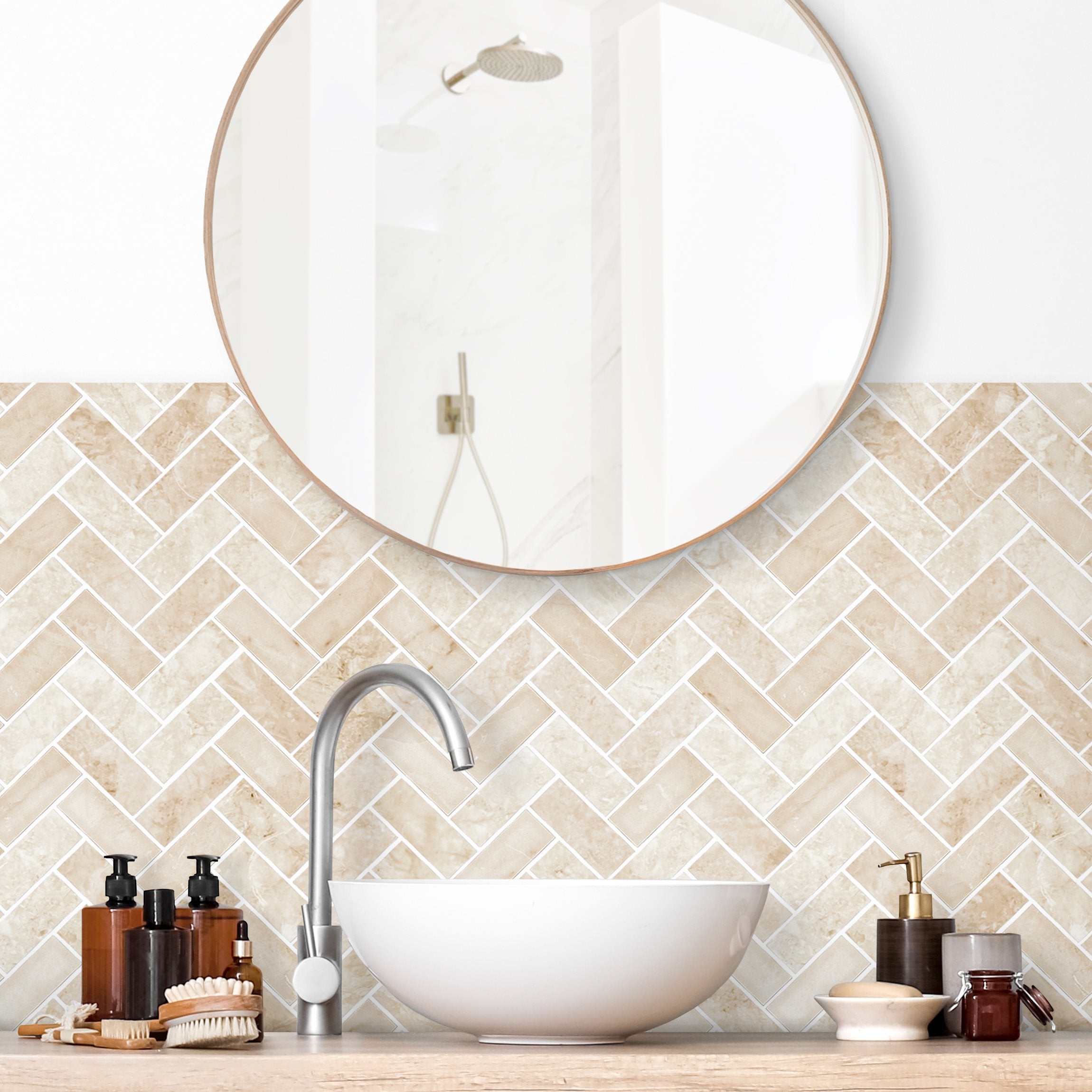 Revestimiento de pared para baño - Marble Fish Bone Tiles - Beige 150 x ...