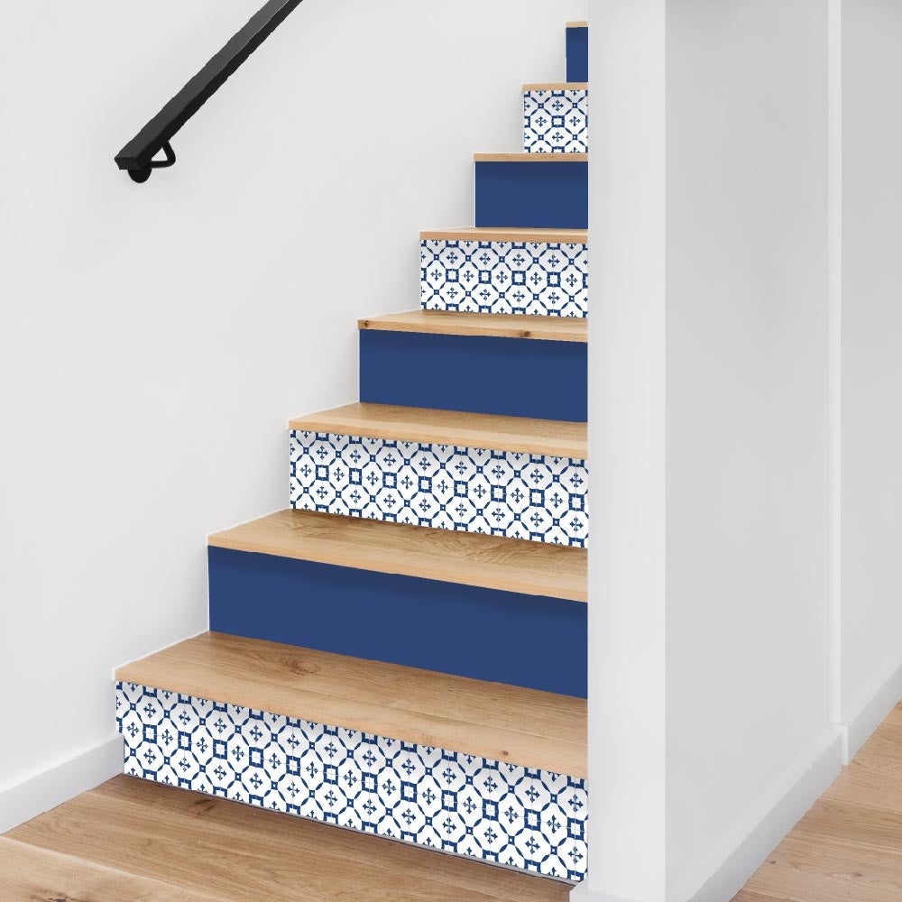 Contremarche mixée MARIN - Carreaux Ciment Bleu - L100 x H15 cm (motif ...