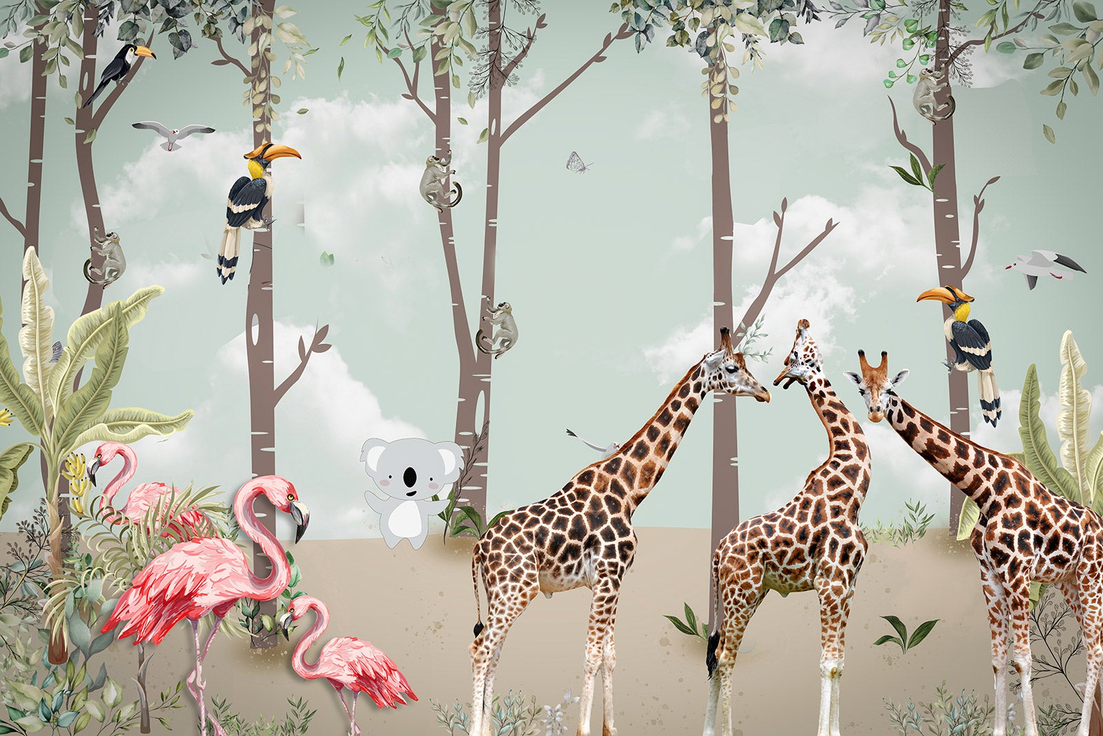 Papier peint panoramique Enfants - Animaux de la Jungle - Largeur 260 ...