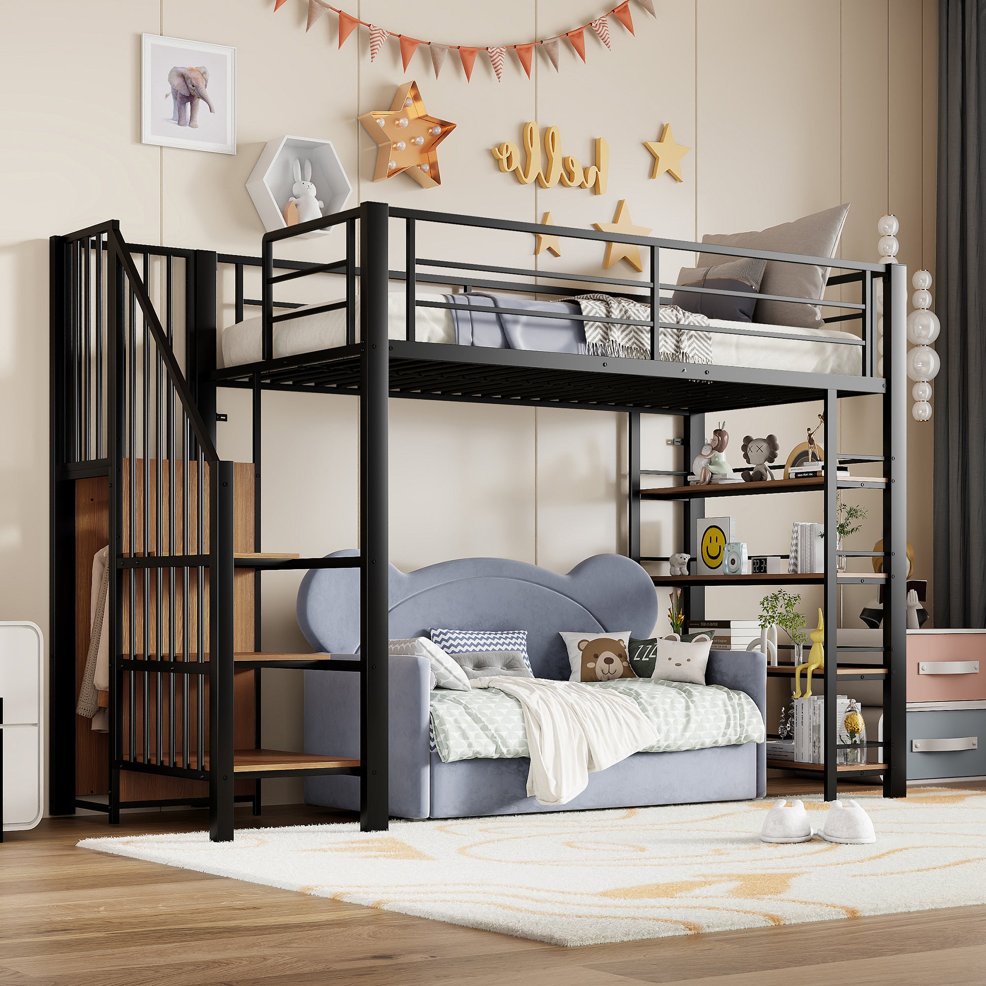 Lit Mezzanine 90 x 200 cm - Lit Simple Avec Escalier De Sécurité Et ...