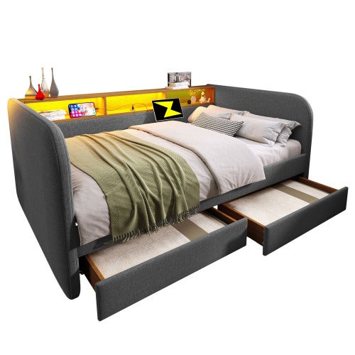 Letto imbottito 140x190 cm, divano letto con funzione LED e USB-C ...