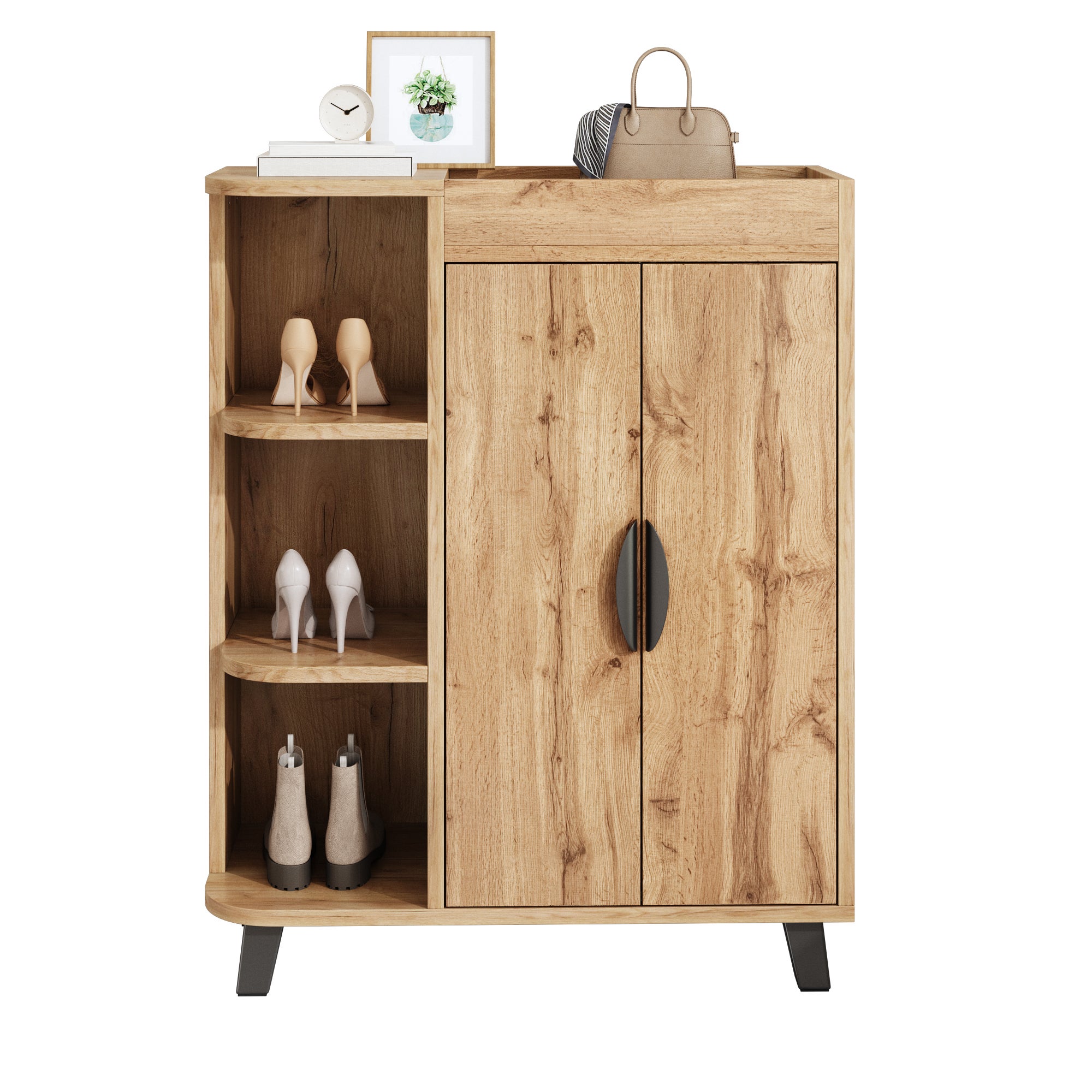 Meuble à Chaussures 80x32x99 cm - 2 Zones (Étagères Ouvertes + Placard ...