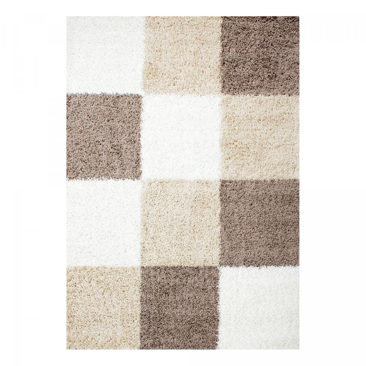 Tapis poils longs shaggy 80x150 rectangle tissé beige et marron motif damier | Leroy Merlin