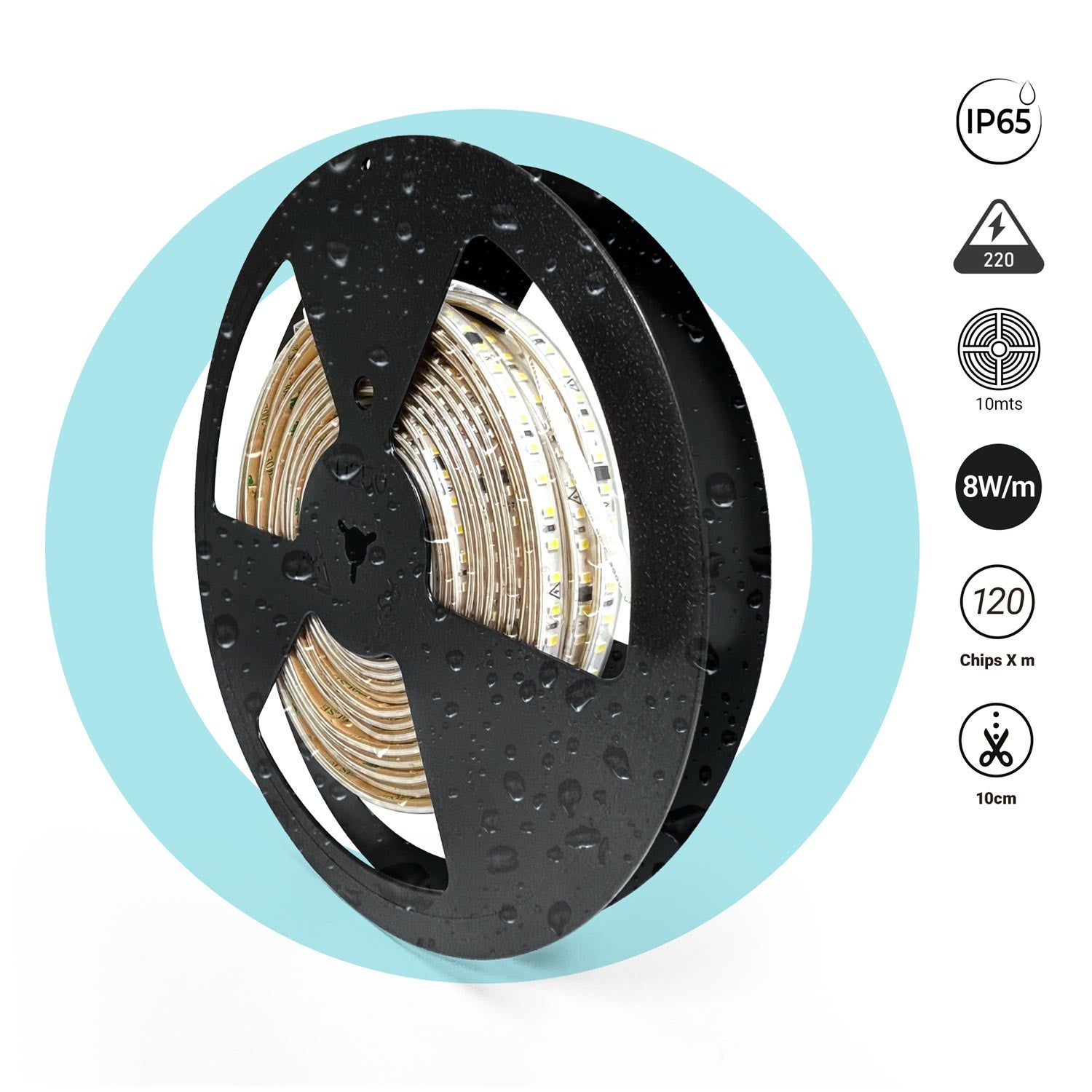 Bande LED 220V AC - Monocouleur - 8W/m - 10mm - IP65 - 10 mètres ...