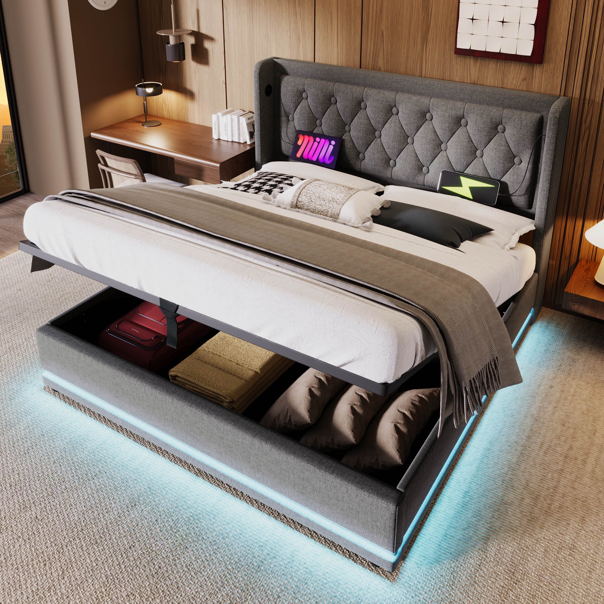 Lit coffre Lit capitonné Lit double 160 x 200 cm avec fonction de ...