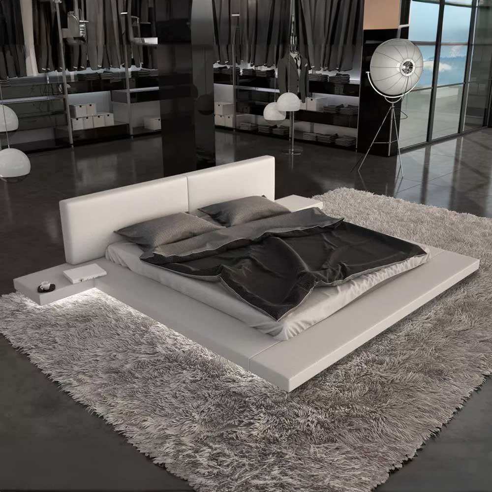 Grand Lit plateforme king size blanc 180 x 200 XXL tables de chevets ...