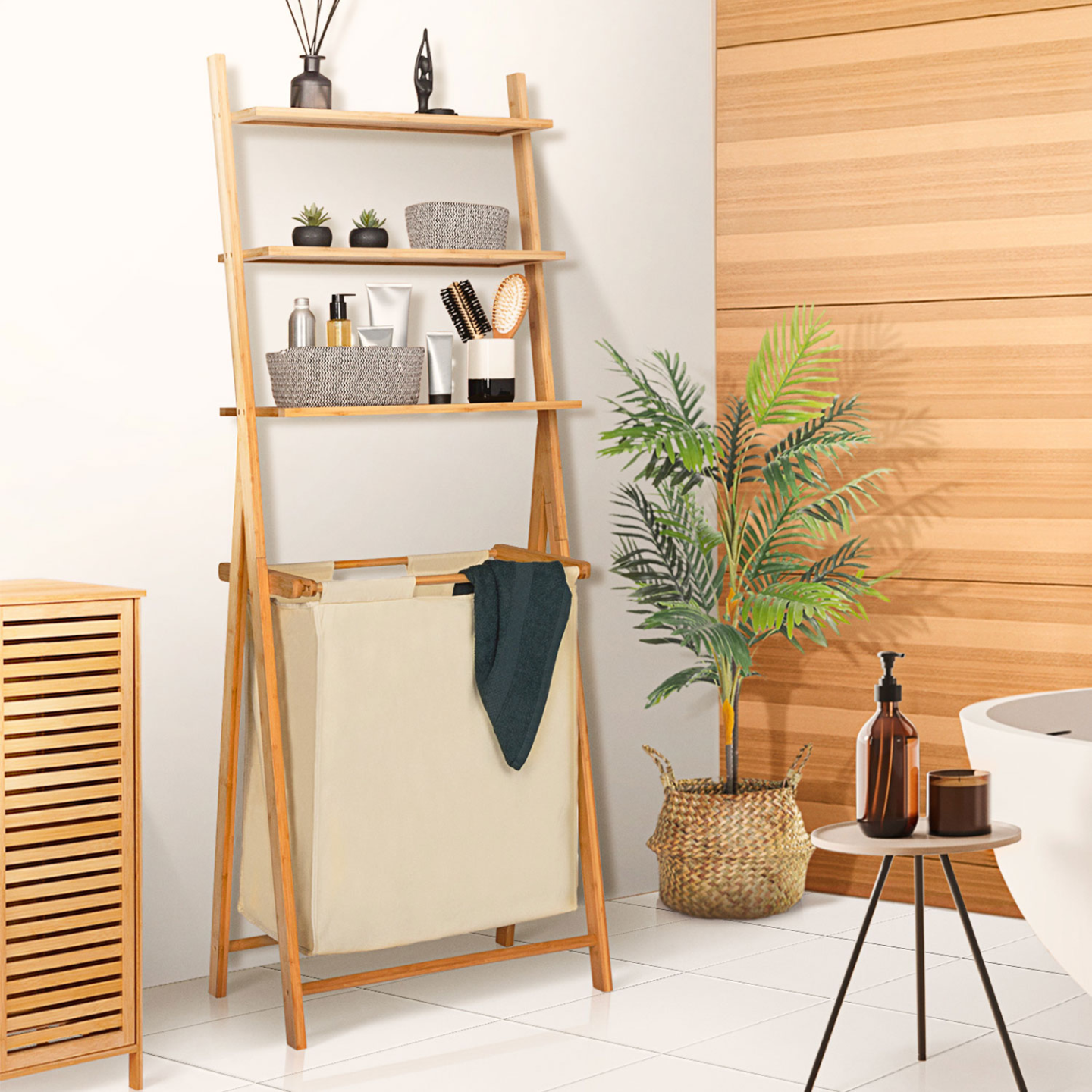 Panier à linge 2 bacs bambou LANA avec étagères tissu écru | Leroy Merlin