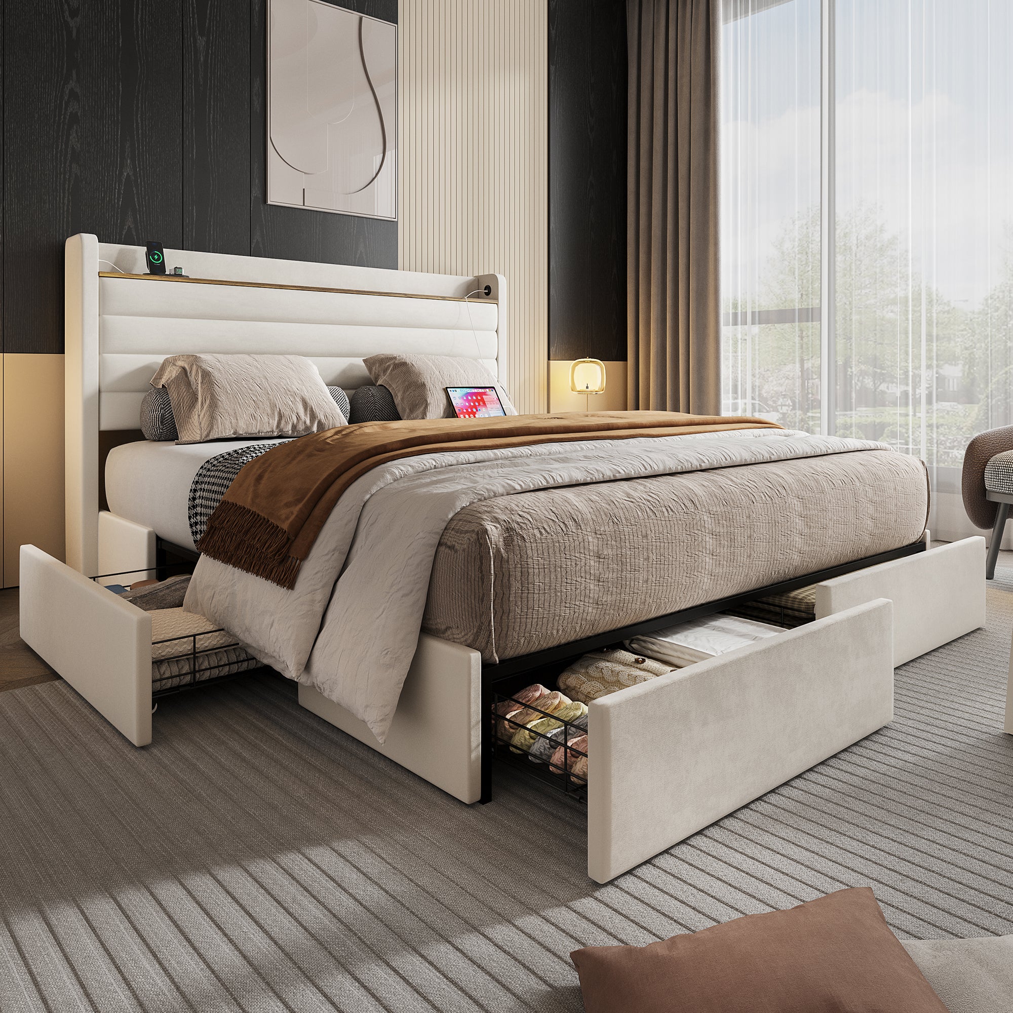 Lit Adulte Lit Double Moderne 160x200 cm - Design 4 Tiroirs de ...