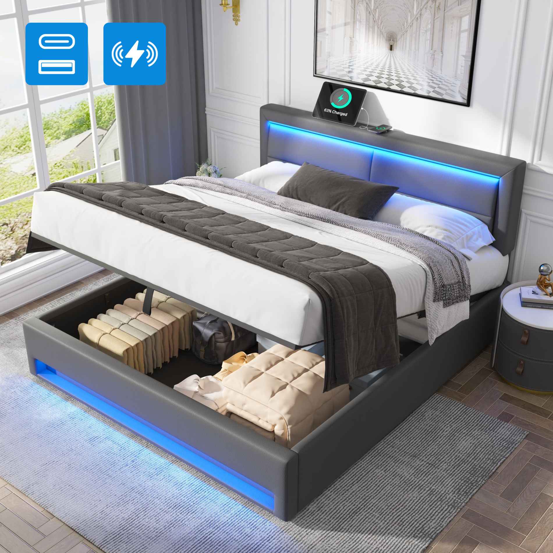 Lit Polster avec USB, 160x200cm, Chargement sans Fil et Câblé ...