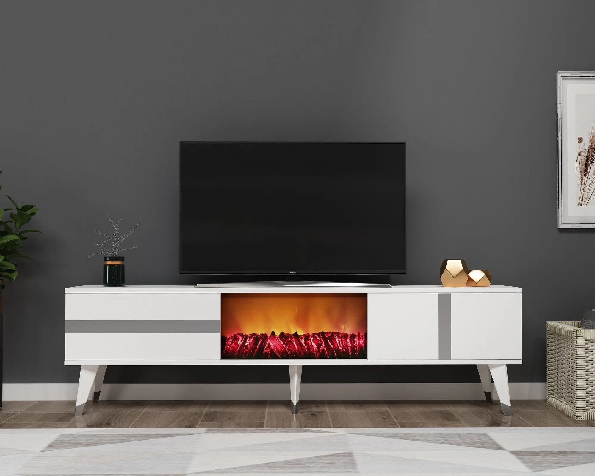 Mueble TV Vania Fireplace Blanco Plata | Leroy Merlin