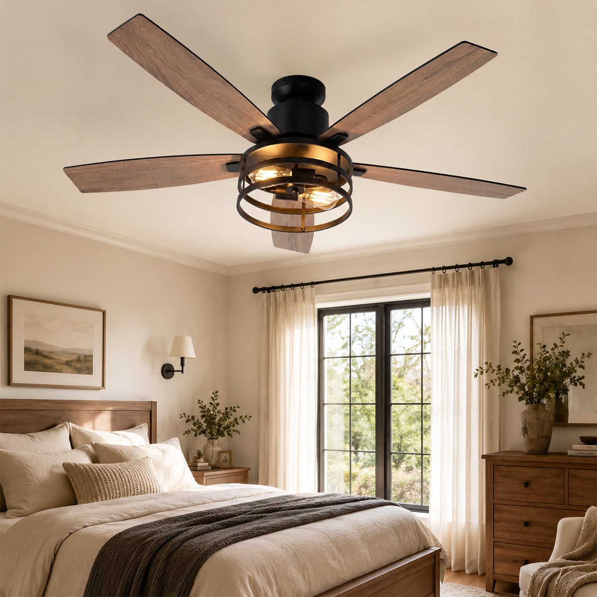 Ventilateur de plafond avec lumière 132 cm 6 vitesses cage noire, pales ...