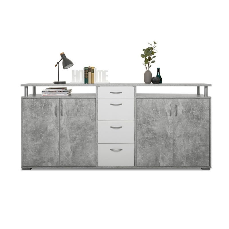 Buffet mobile 4 portes 4 tiroirs coloris béton et blanc 208x38xh.93,5 ...
