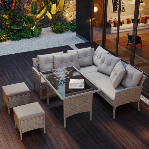 Set da Giardino in Rattan PE, 7 Posti con Tavolo, Divano, Sgabelli e ...