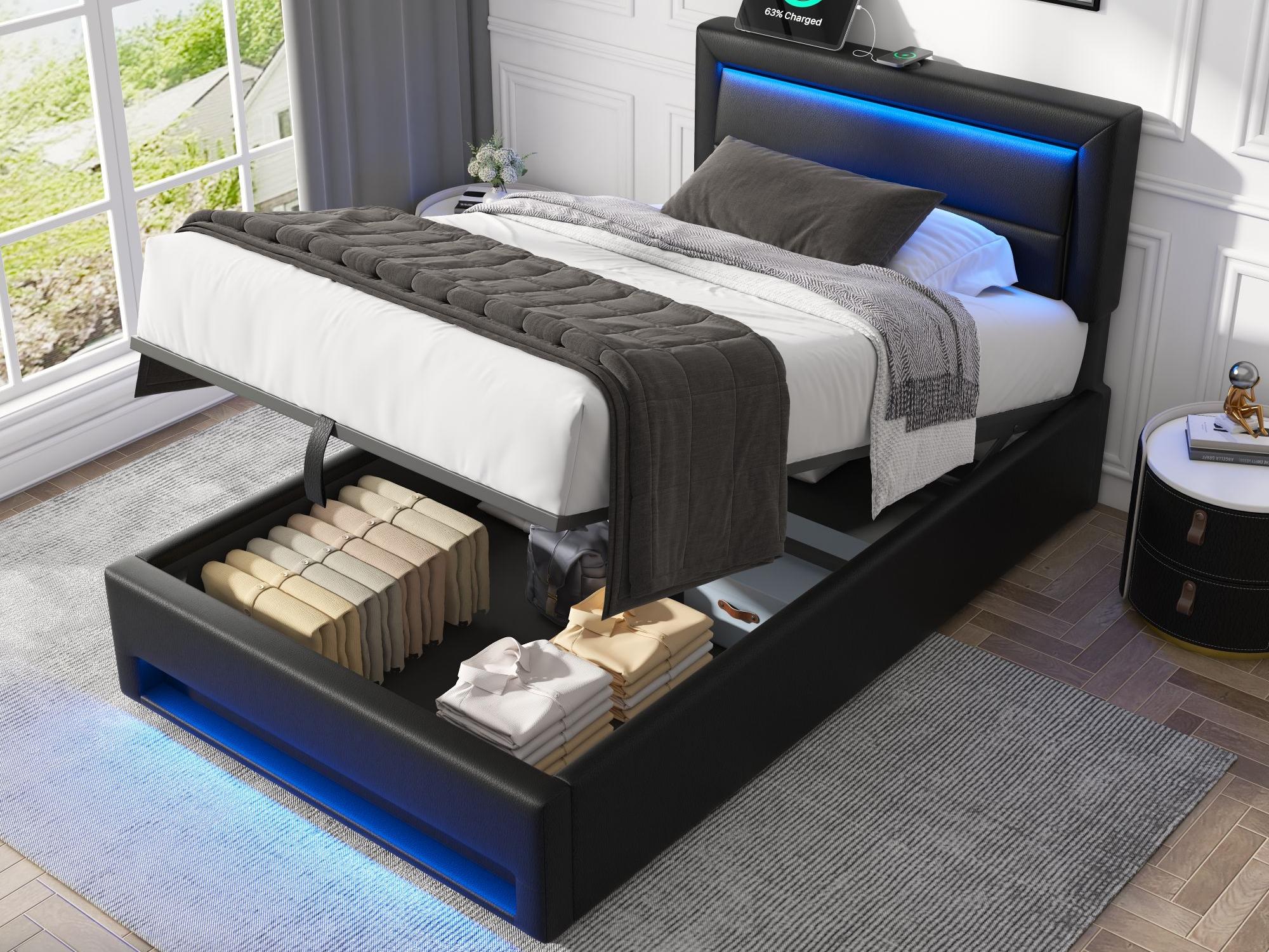 Lit coffre 90x190 cm en similicuir avec LED - avec ports de recharge ...