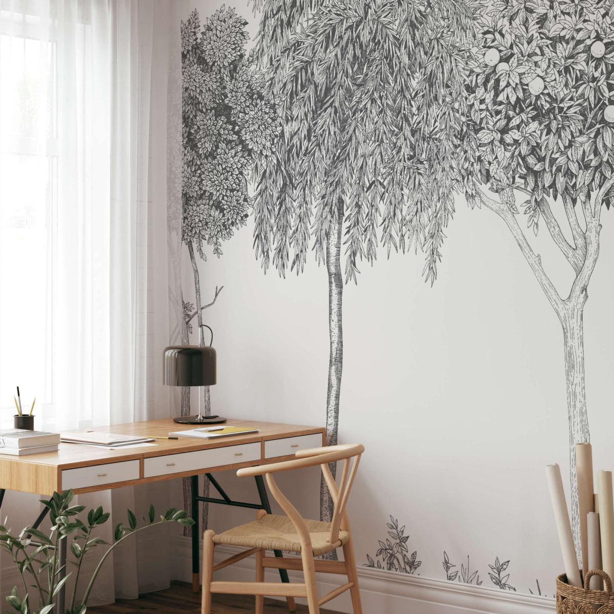 Papier peint panoramique avec paysage de grands arbres noirs - 170x260 ...