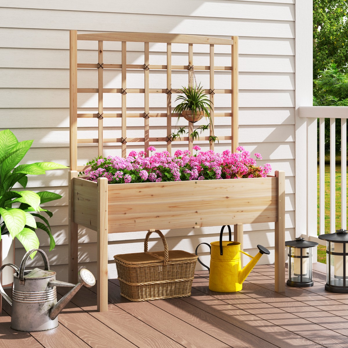 Caja Elevada para Jardín con Enrejado y Agujeros de Drenaje 119x60x160 ...
