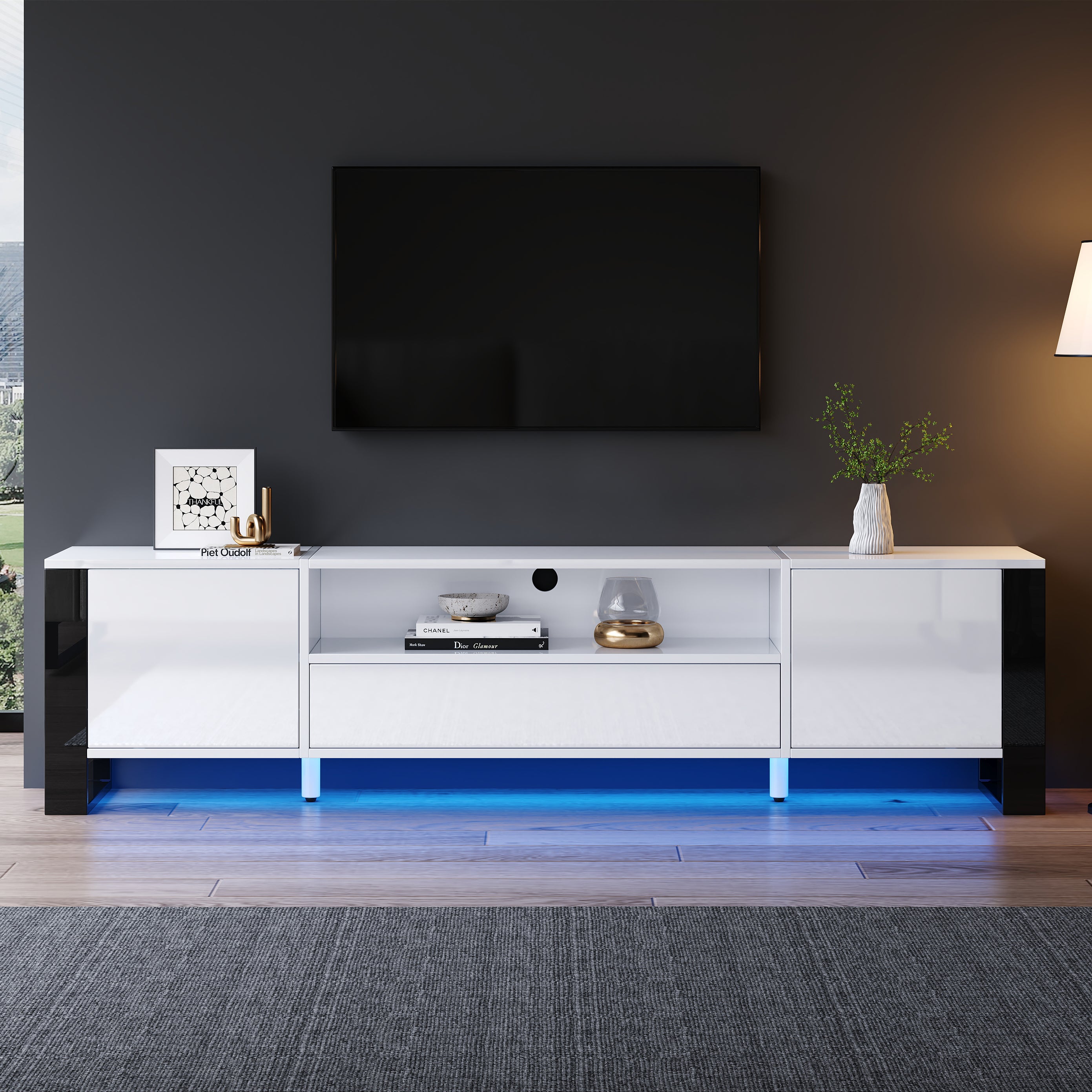 Mueble TV moderno brillante 178 x 40 x 54 cm - con iluminación LED ...