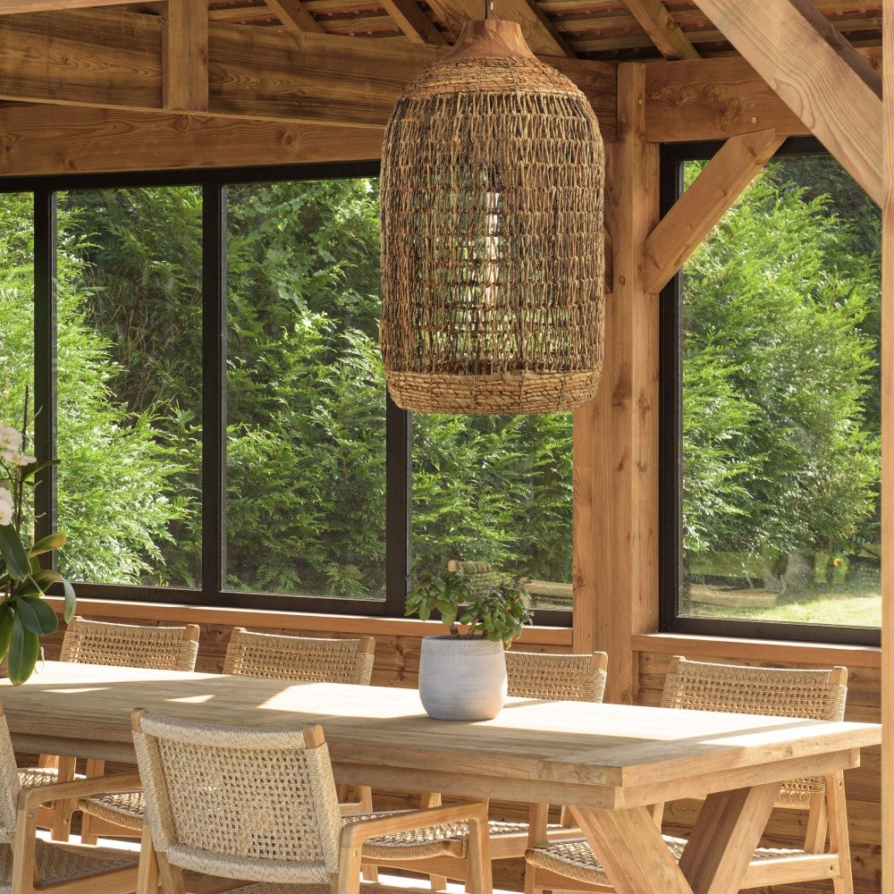 SIXTINE - Suspension 50x50cm en bois de teck recyclé et rotin beige ...