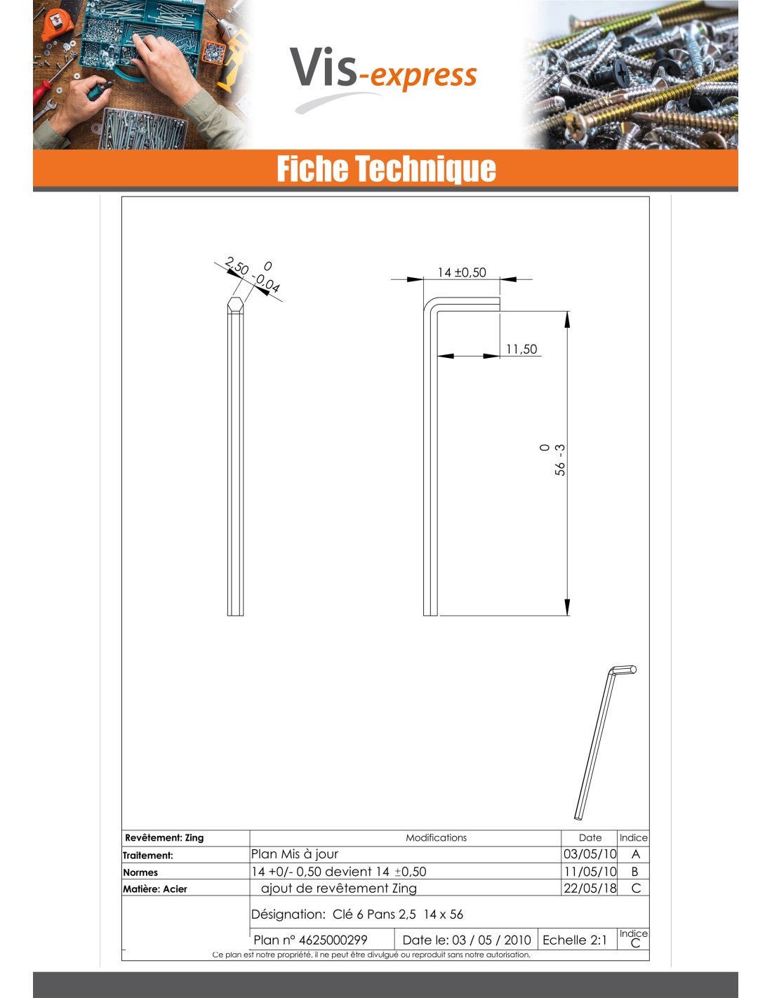 Clé allen 6 pans De 2.5 14X56 Acier zingué-10 pièces | Leroy Merlin