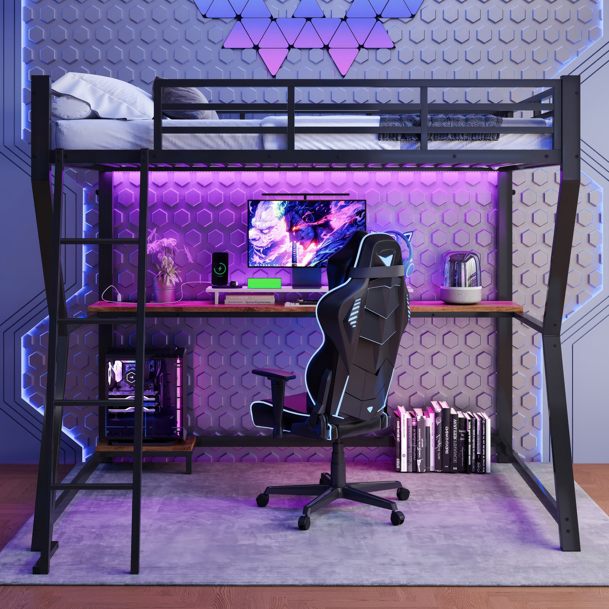 Lit mezzanine gaming 90 x 200 cm avec bureau, Charge USB + LEDs - Métal ...