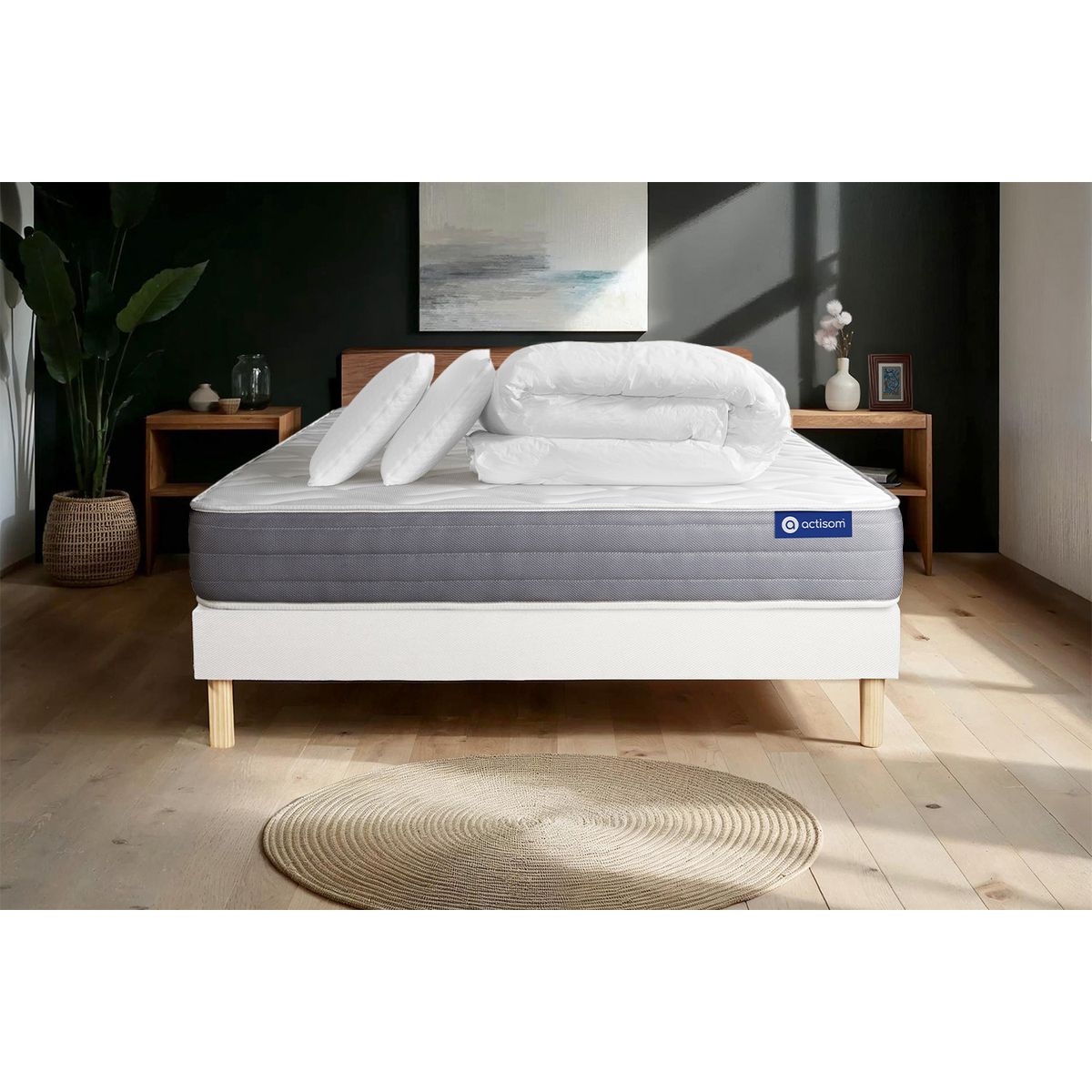 Pack cama completa - Colchón 160x200cm + Somier con láminas (kit) + 2 almohadas + Edredón ...