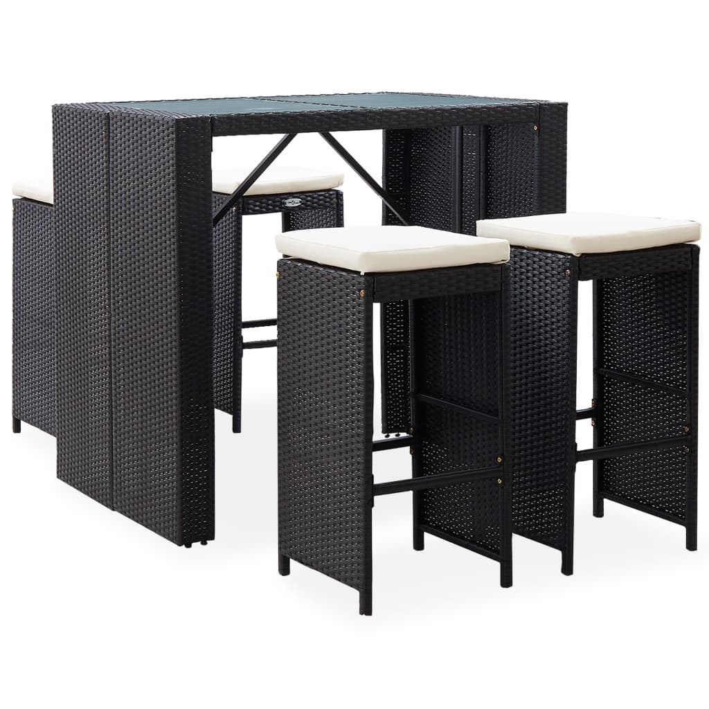 Mobilier de bar d'extérieur 5 pcs Résine tressée et verre Noir | Leroy ...