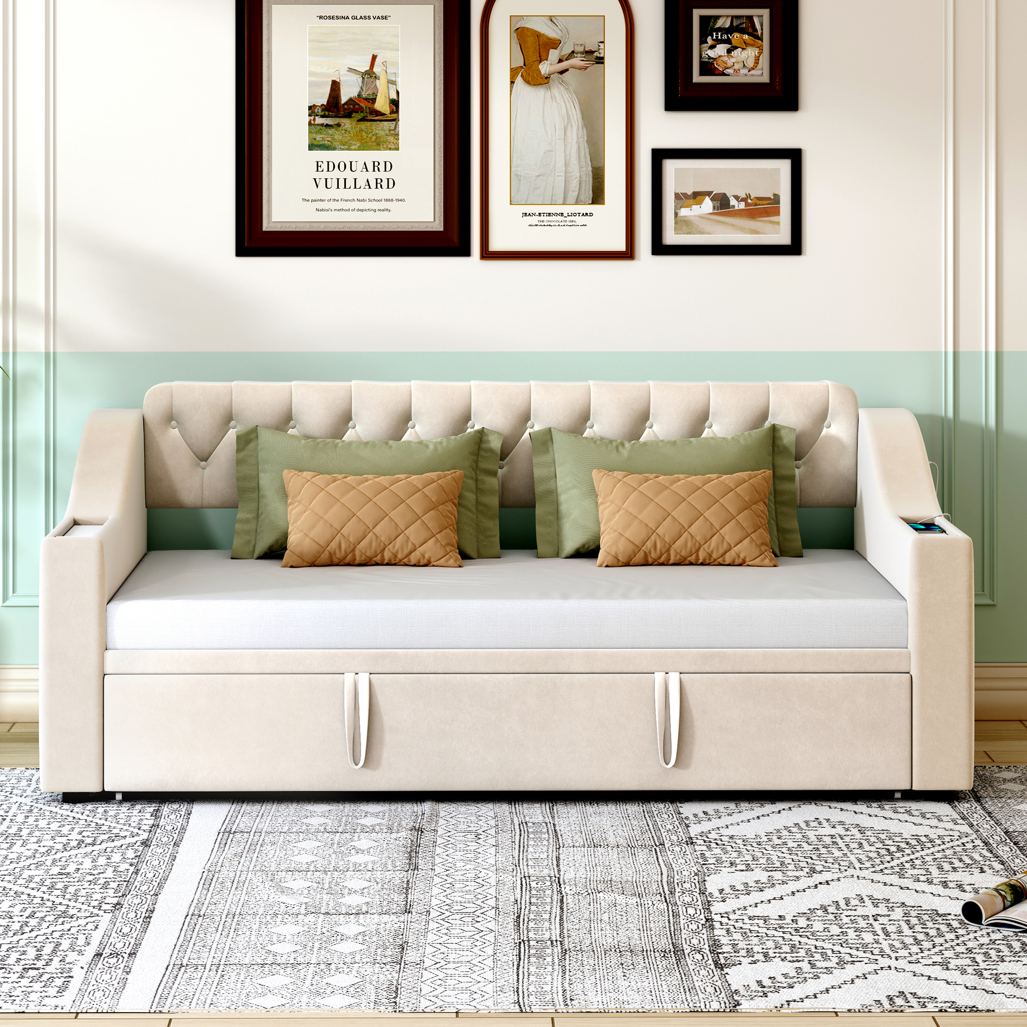 Lit gigogne 90/180x190 cm - avec prises et poche de rangement - tissu ...