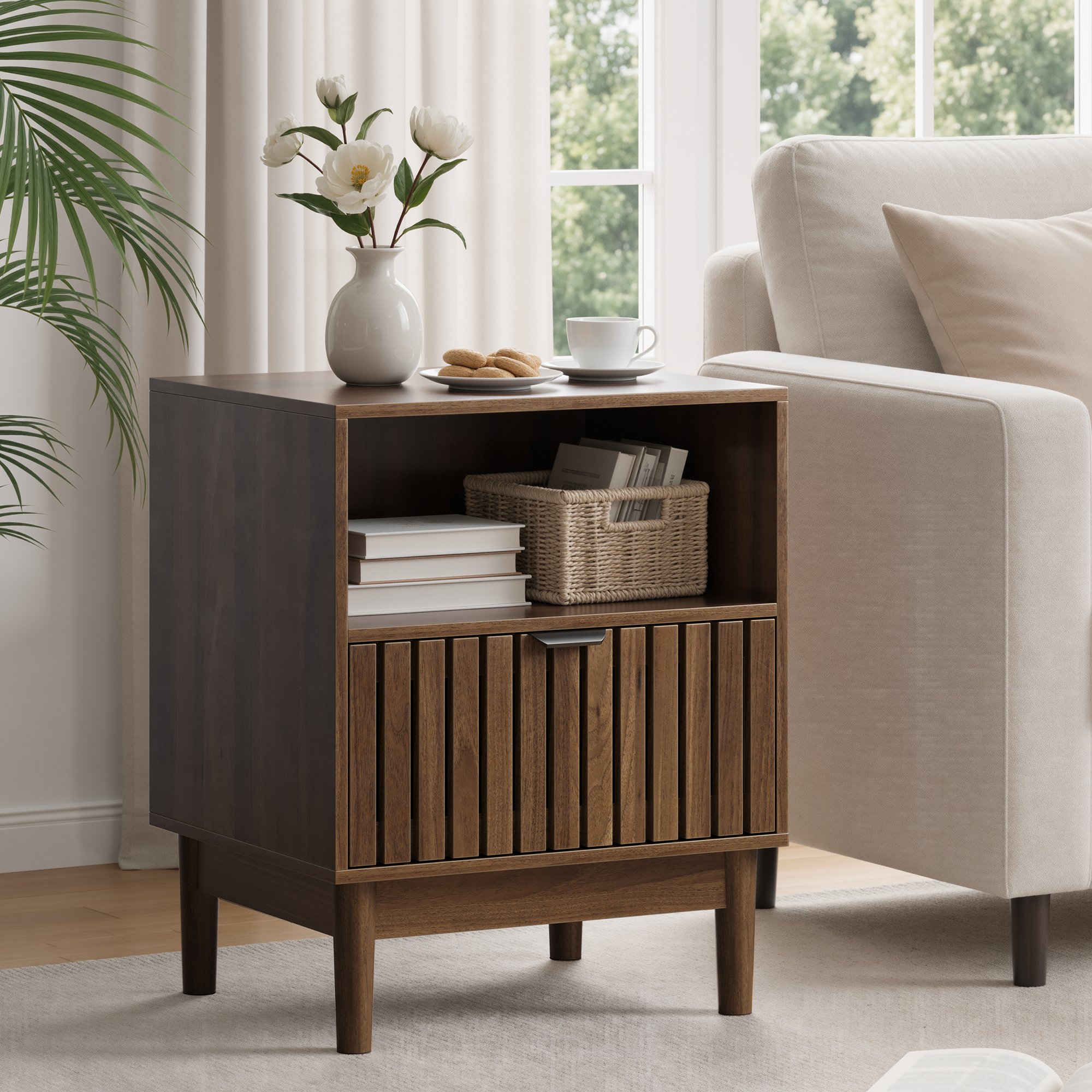 Comodino moderno - Noce - Design Lattenrost - Con cassetto - Noce (45 x ...