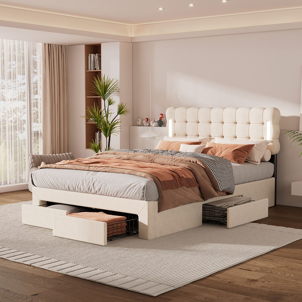 140 * 200cm lit matelassé plat avec éclairage des deux côtés du lit ...